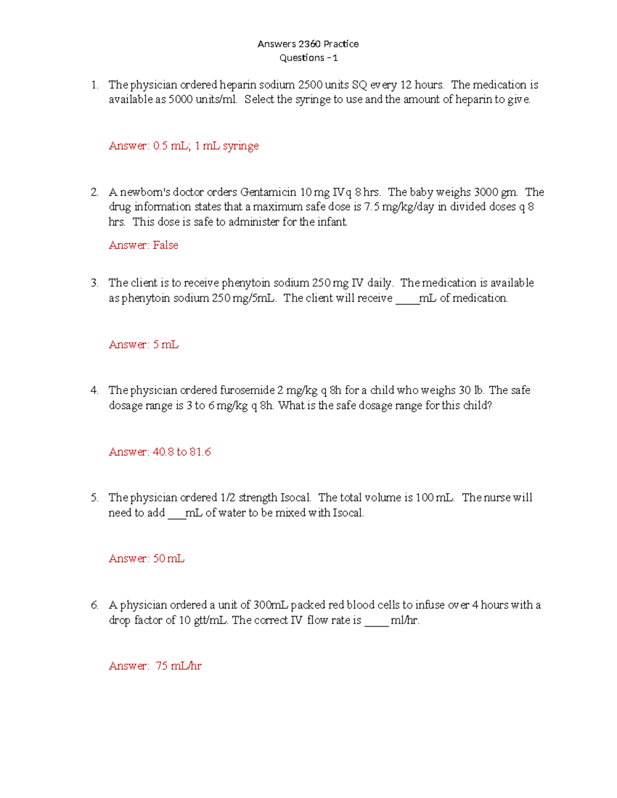 Answers to 2360 Practice Questions - Medication Dosing Calculations ...