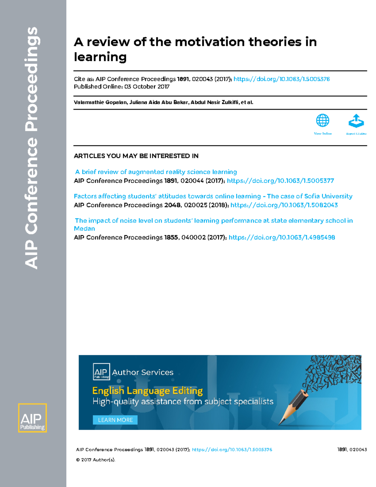 AIP Conf. Proc. 1891: Review of Motivation Theories in Learning - Studocu
