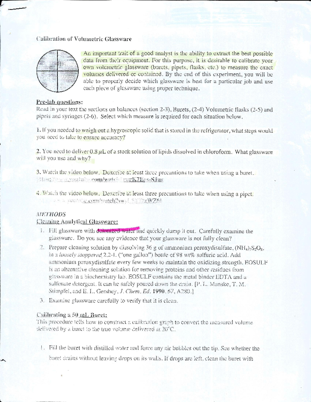 Analytical Chem Lab 1: Calibration of Volumetric Glassware - Fall 2021 ...