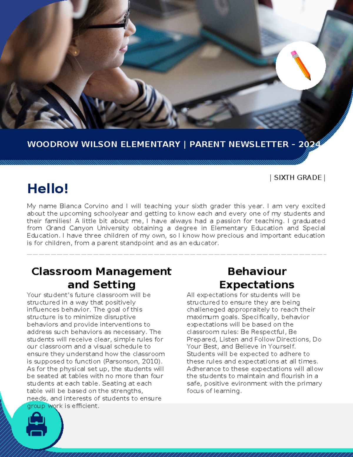 Classroom management letter correct - WOODROW WILSON ELEMENTARY ...