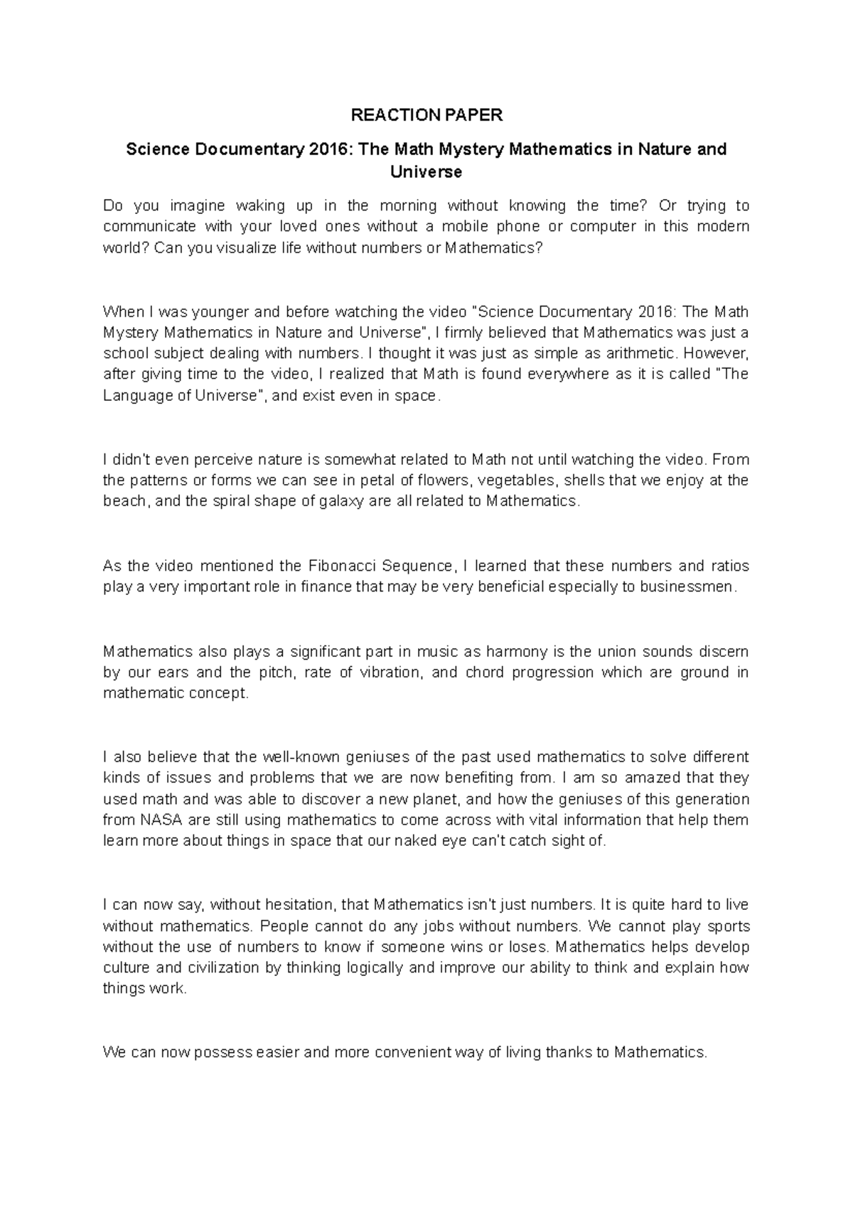 Reaction Paper - Sci Doc 2016: The Math Mystery in Nature & Universe ...