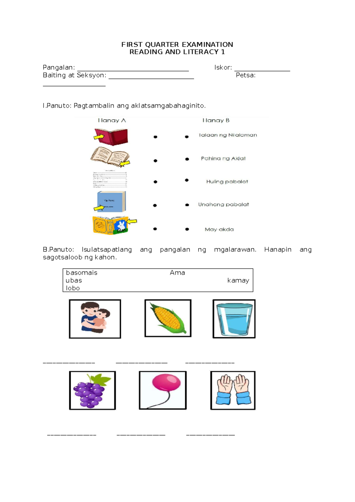 Grade 1 - Reading & Literacy Final Exam Q1 - Studocu