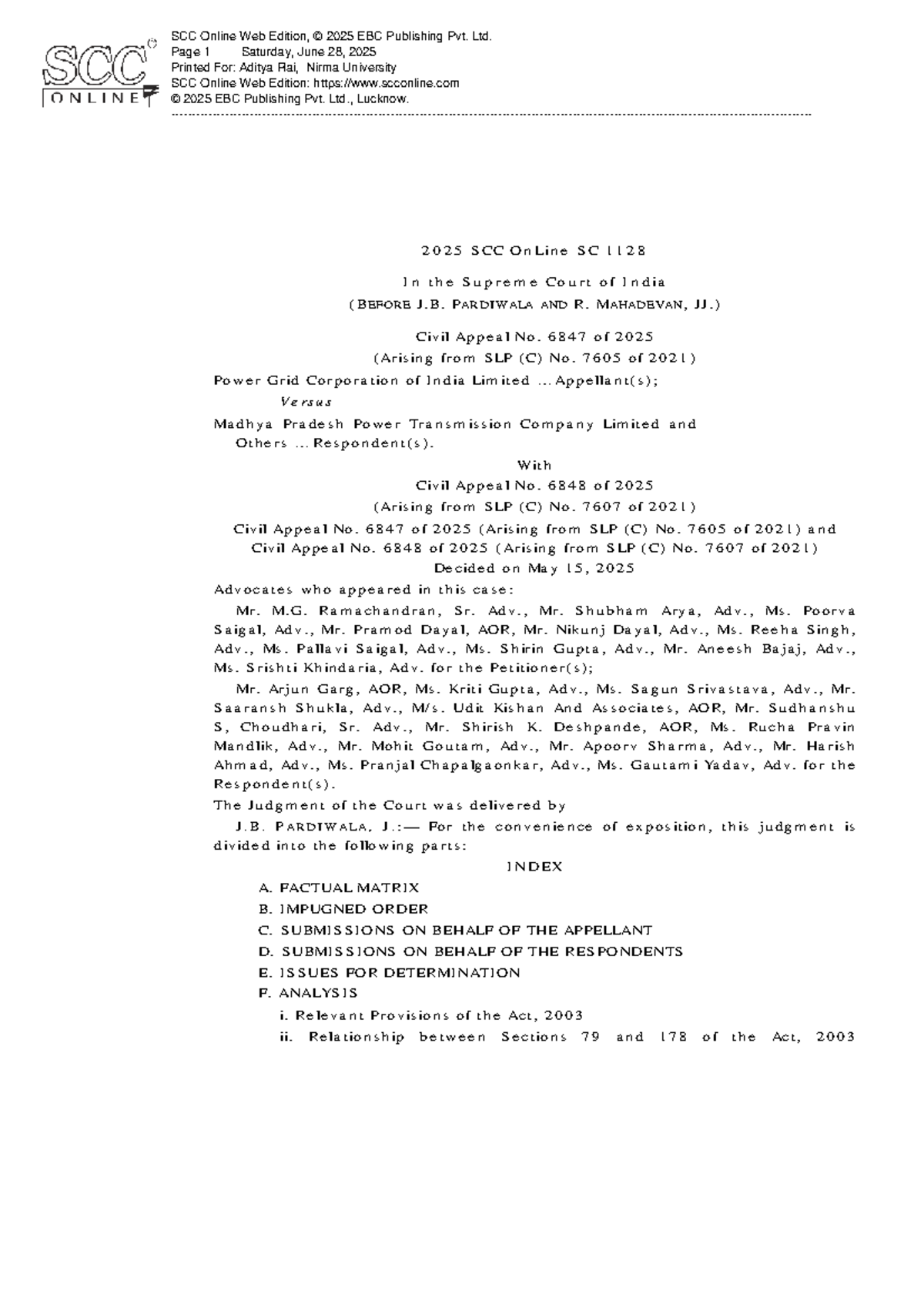 SCC Case Study: Power Grid Corpn. v. M.P. Power Transmission Co. (2025) - Studocu