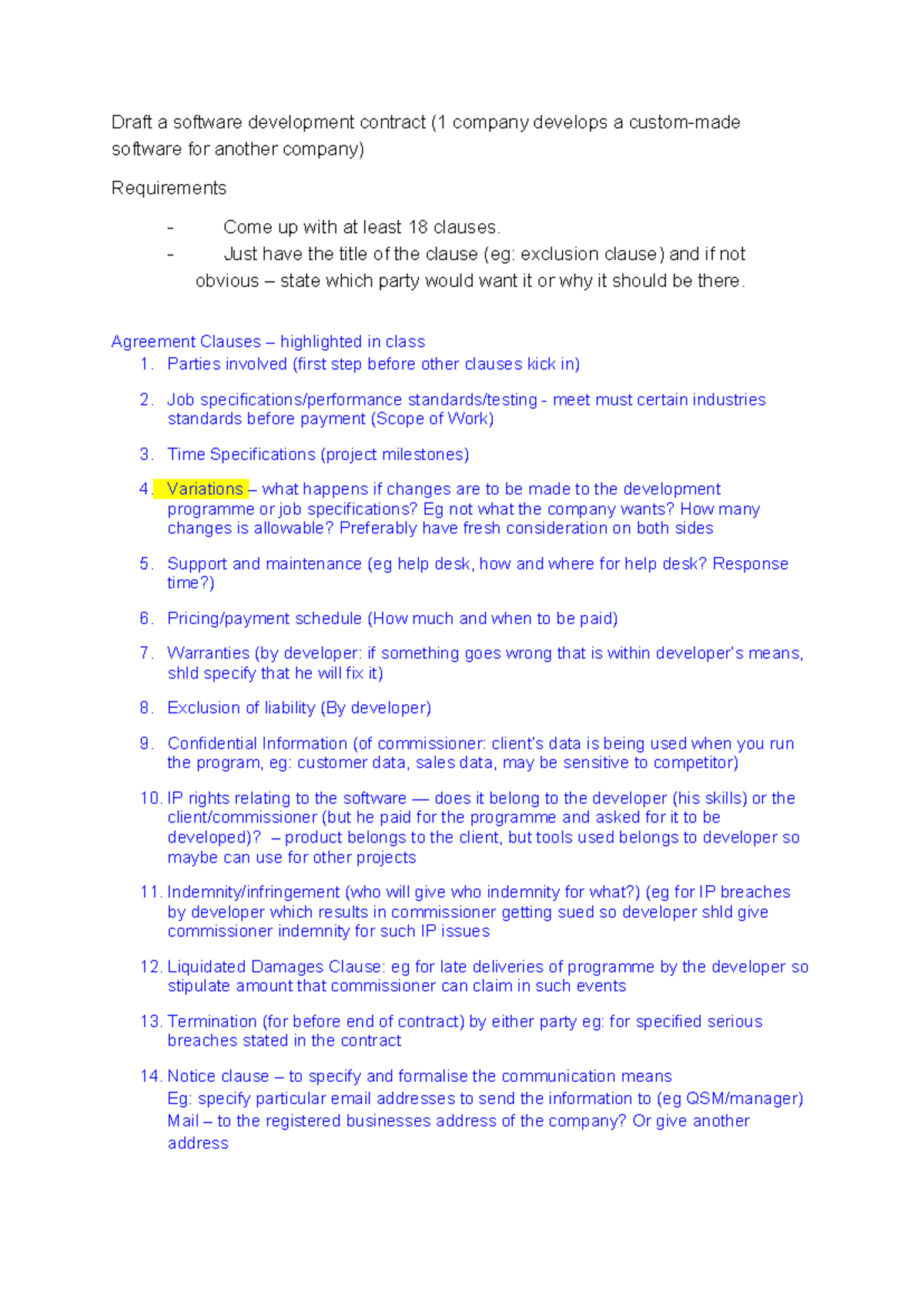 Software Company Contract Drafting Exercise (CS101) - Key Clauses Overview - Studocu