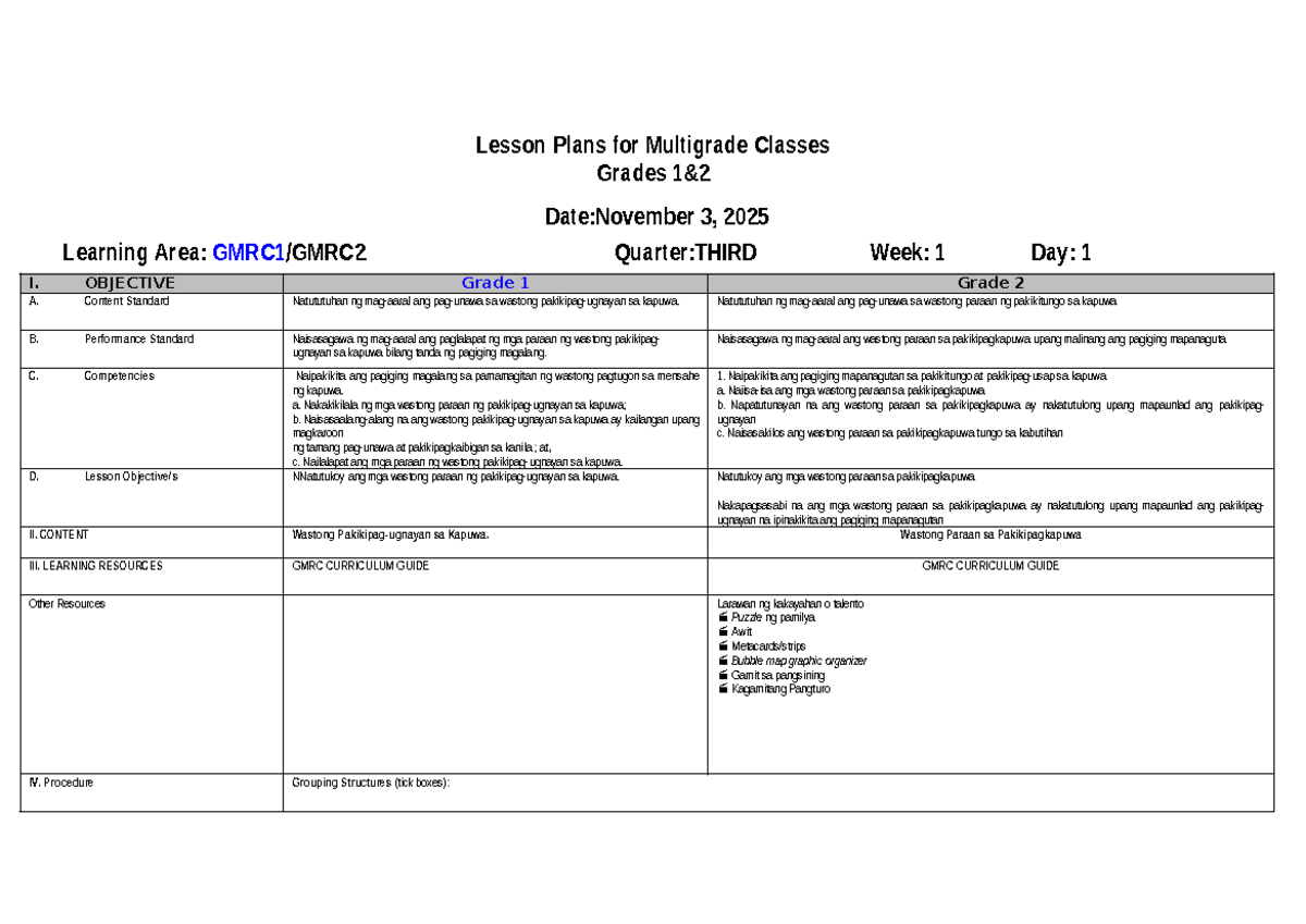 DAY 1 MG Lesson Plan for Grades 1 & 2 - GMRC 1 & 2 - Studocu