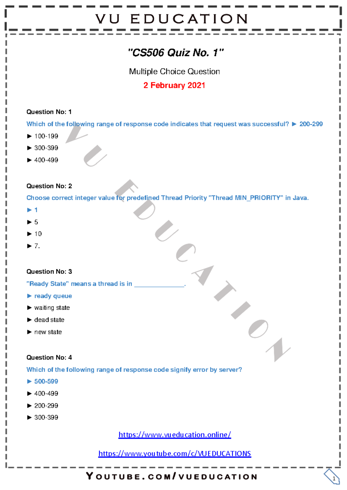 CS506 Quiz 1 and 2 Solved - "CS506 Quiz No. 1" Multiple Choice Question 2 February 2021 - Studocu