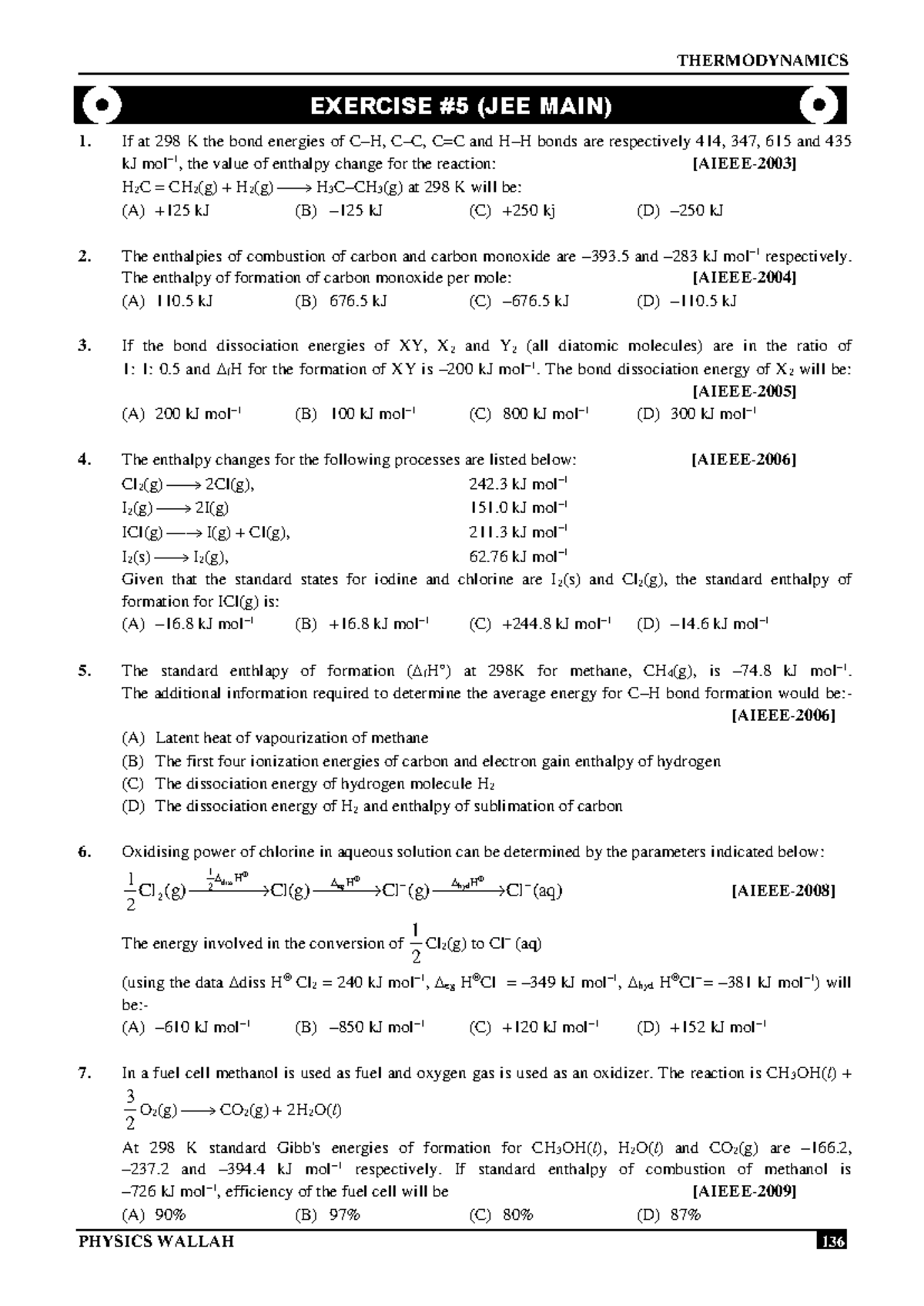 THERMODYNAMICS EXERCISE (JEE MAIN) - PAST YEAR QUESTIONS - Studocu