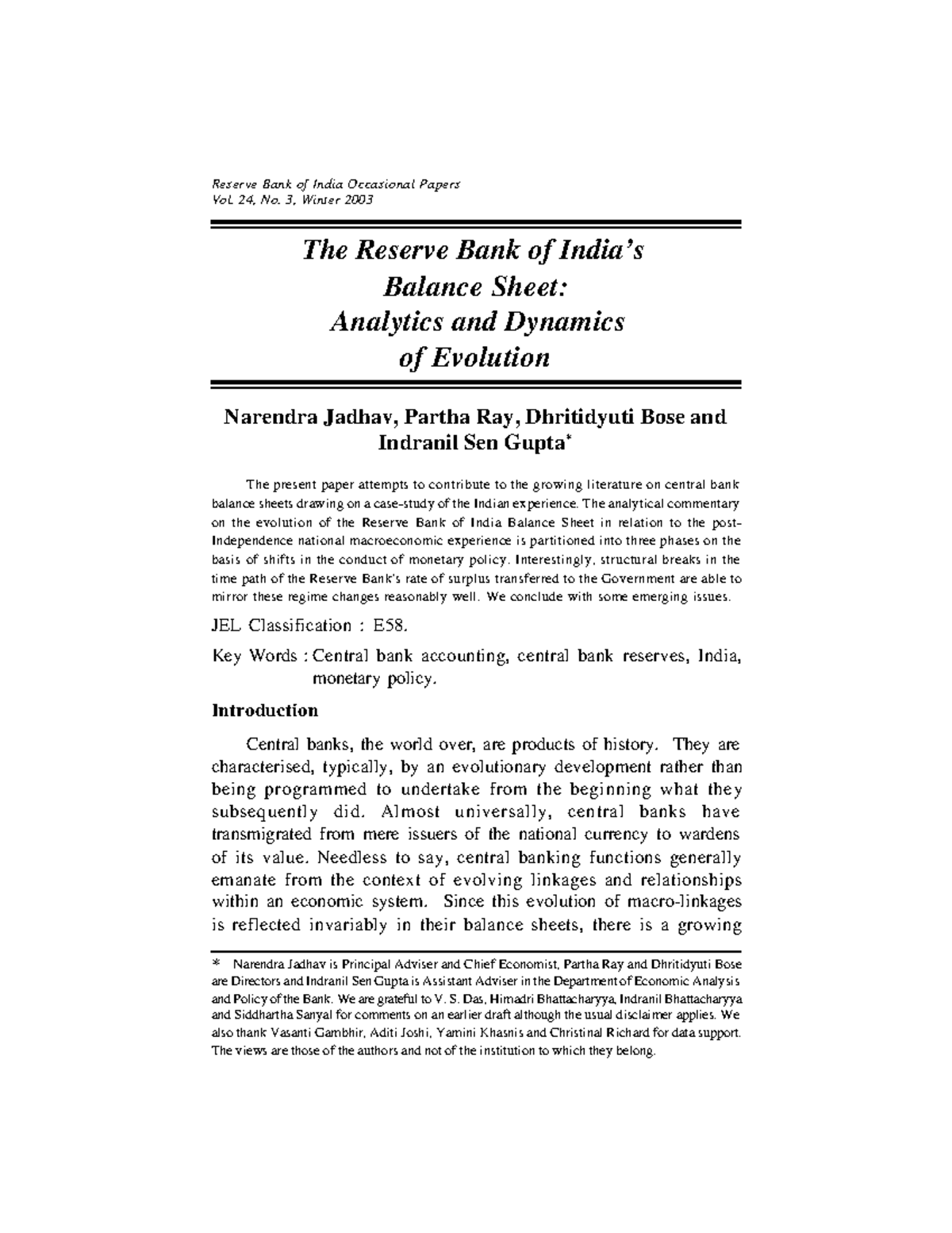 RBI Occasional Papers: Balance Sheet Analysis & Evolution (Vol. 24, No ...