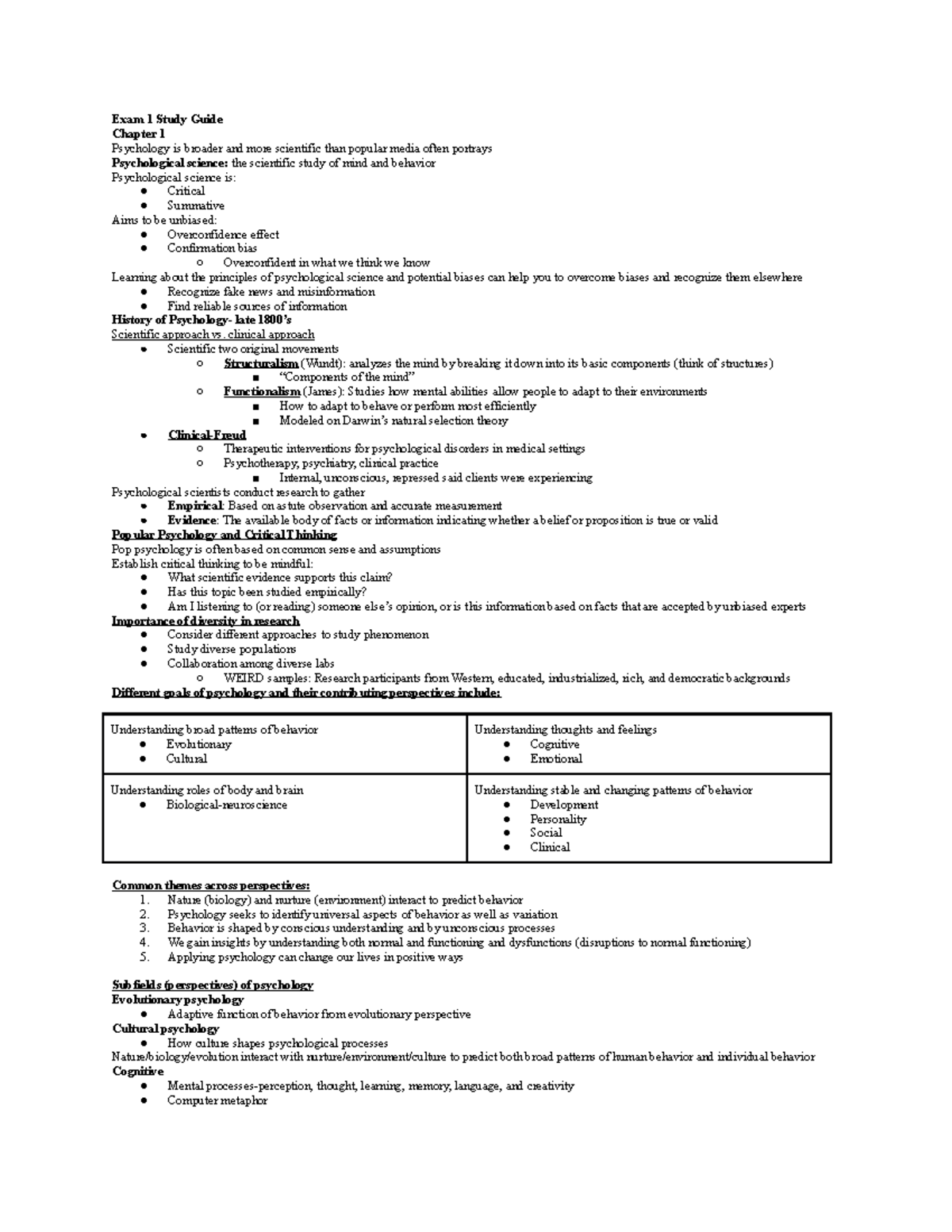 Exam 1 Study Guide - Exam 1 Study Guide Chapter 1 Psychology is broader ...