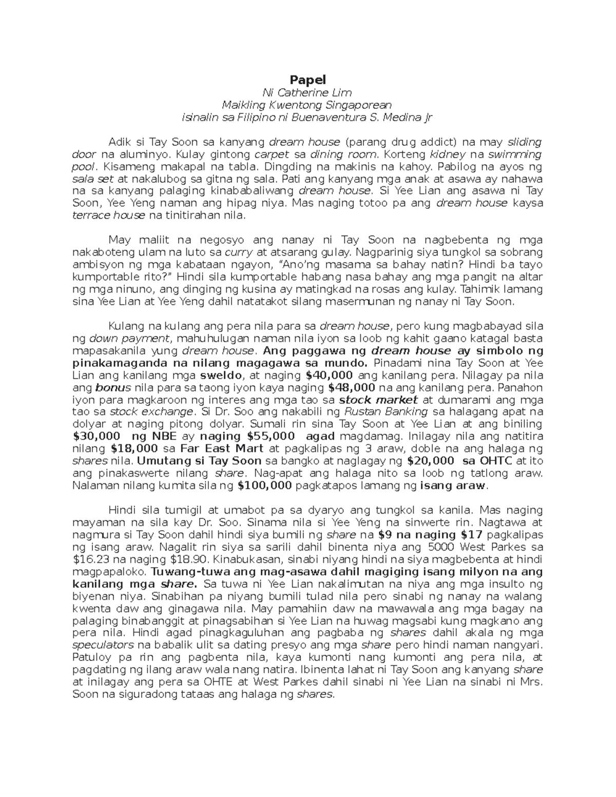 Papel (BUOD-maikling Kwentong SIngaporean) - Papel Ni Catherine Lim ...