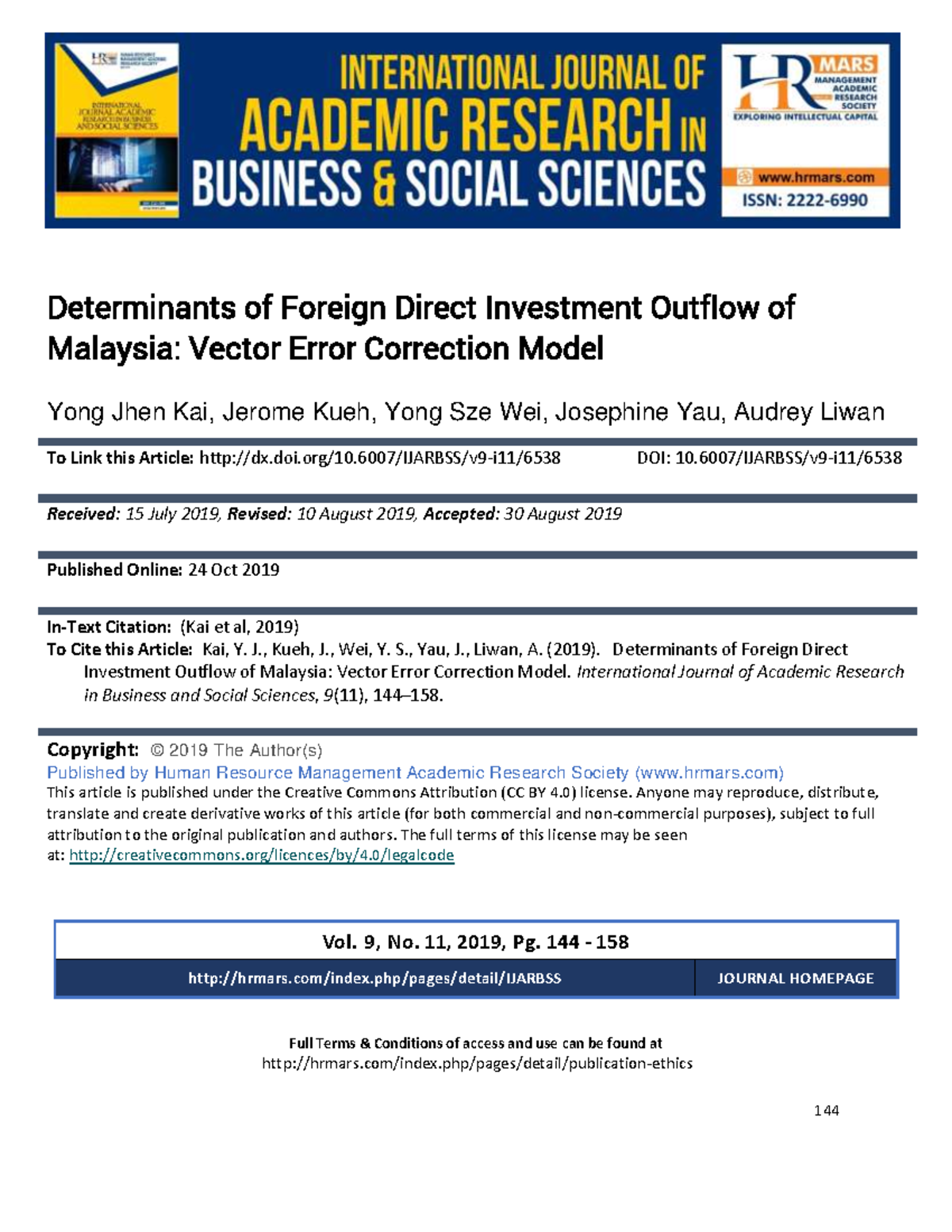 Determinants of Foreign Direct Investment Outflow in Malaysia: VECM ...