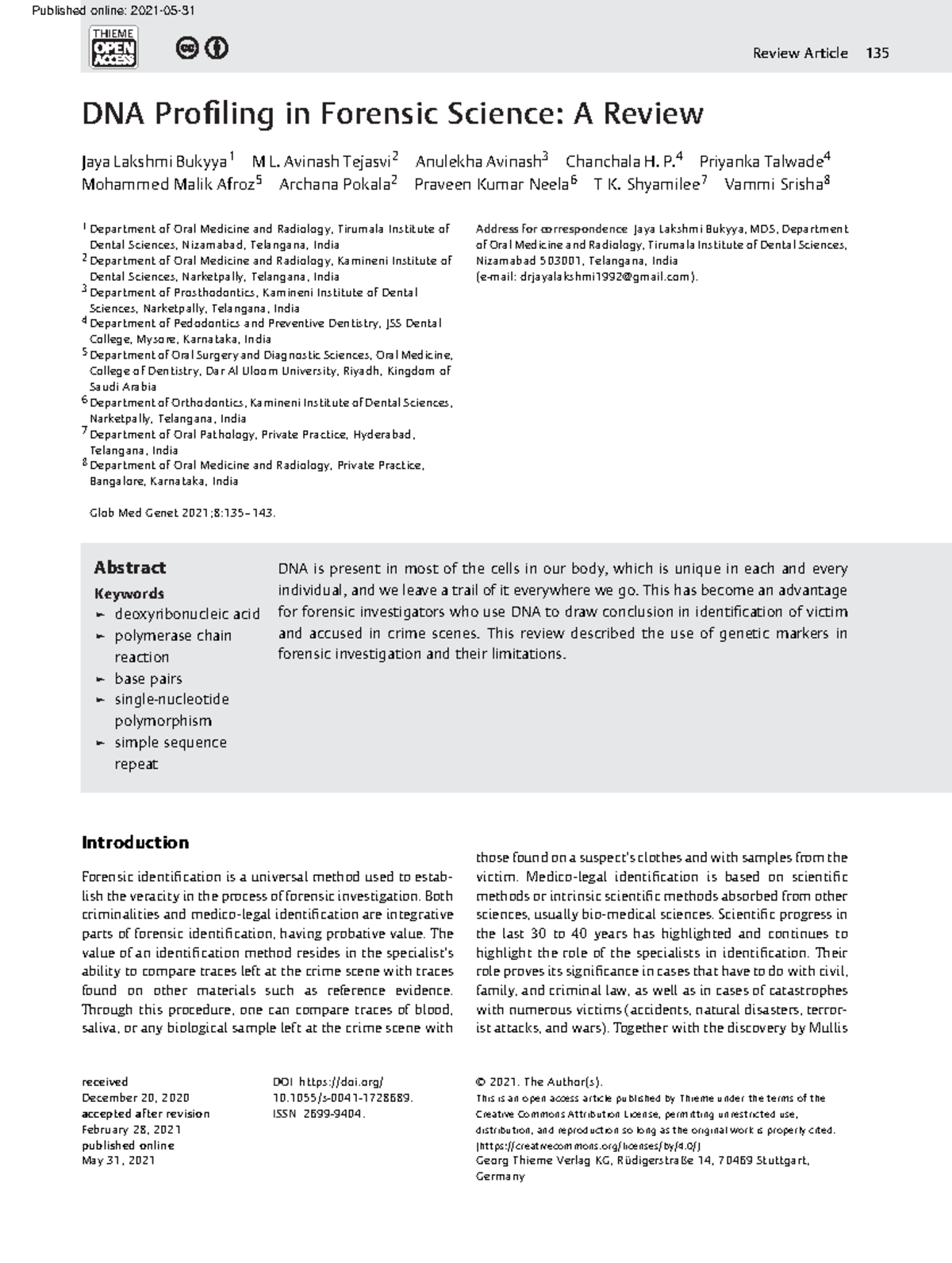 Dna Profiling In Forensic Science A Review 2021 Dna Profiling In