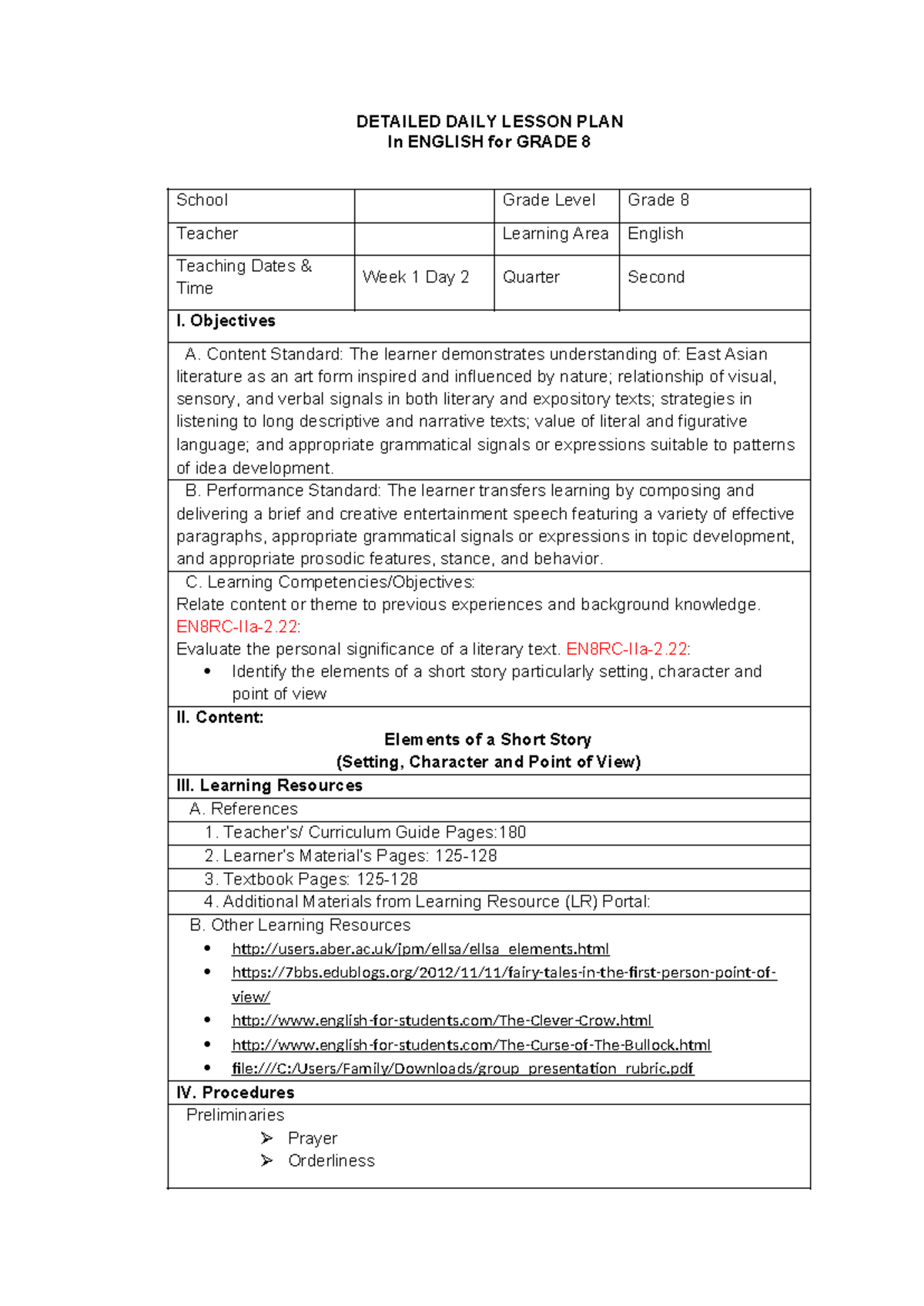 Grade 8 English Lesson Plan: Elements of a Short Story (Week 1, Day 2 ...