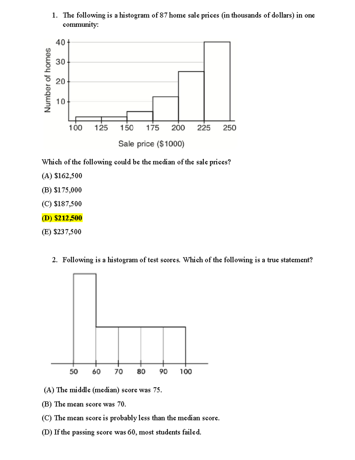 Statistics Review Exercises - Understanding Histograms and ...
