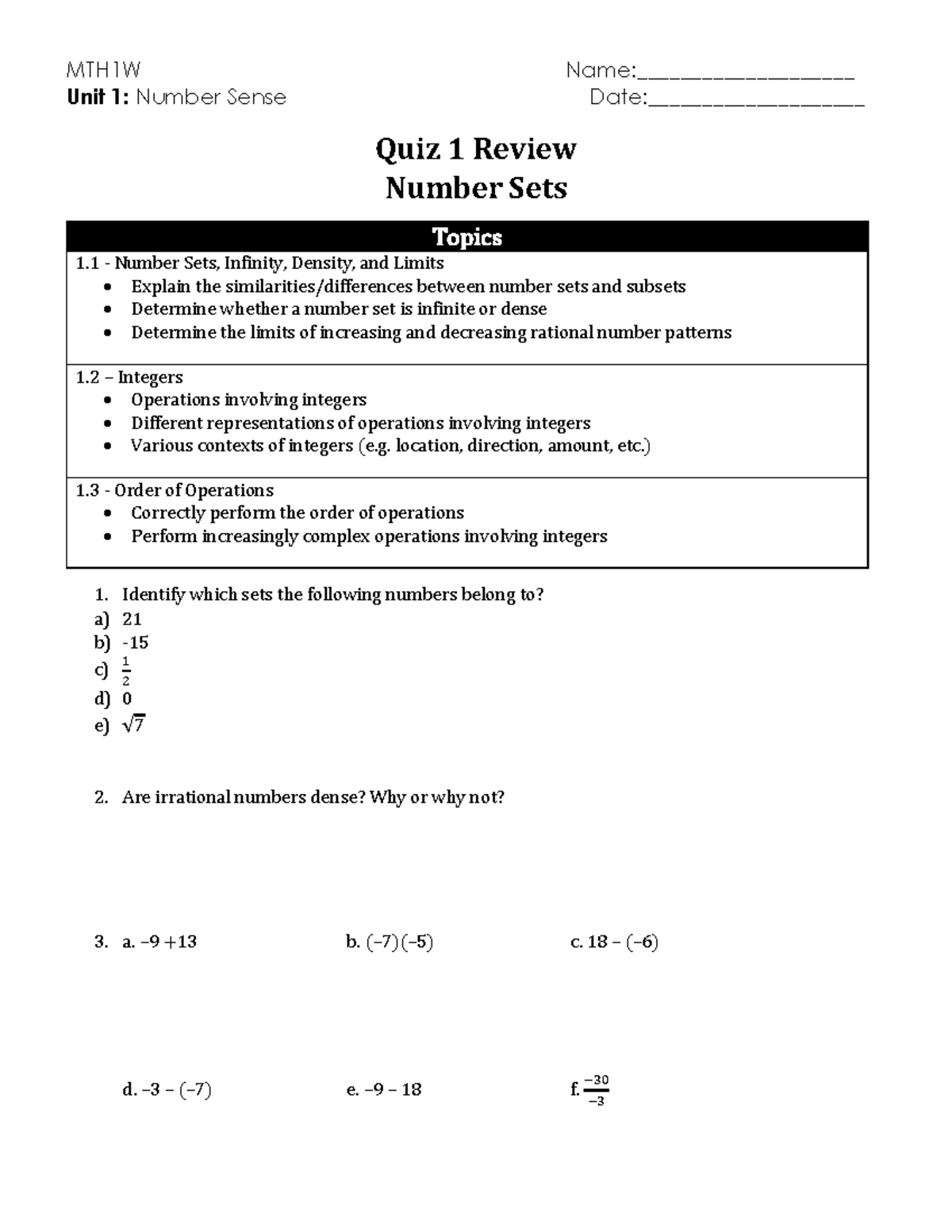 MTH1W Unit 1: Number Sense Quiz 1 Review and Practice - Studocu