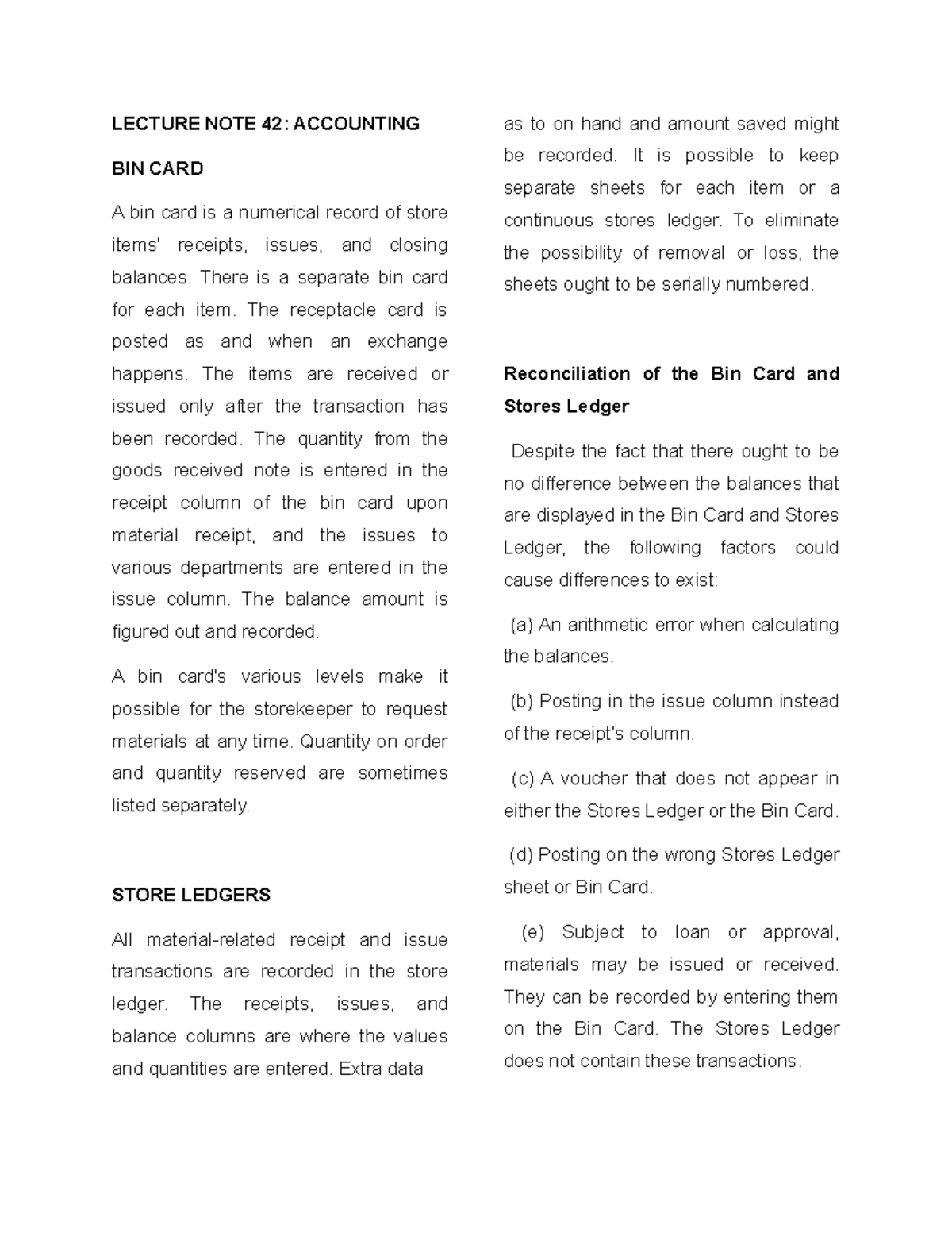 Lecture Note 42 Accounting - LECTURE NOTE 42: ACCOUNTING BIN CARD A bin ...