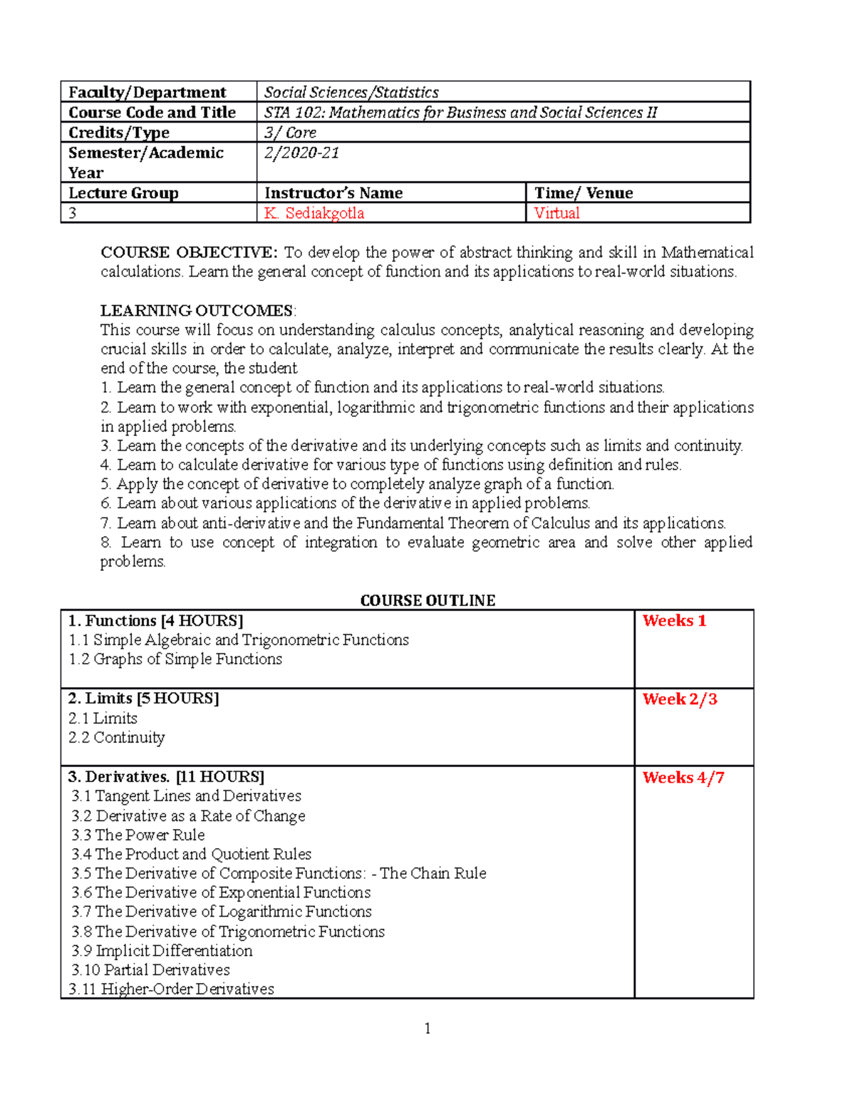 STA 102-Course Outline: Mathematics for Business & Social Sciences II ...