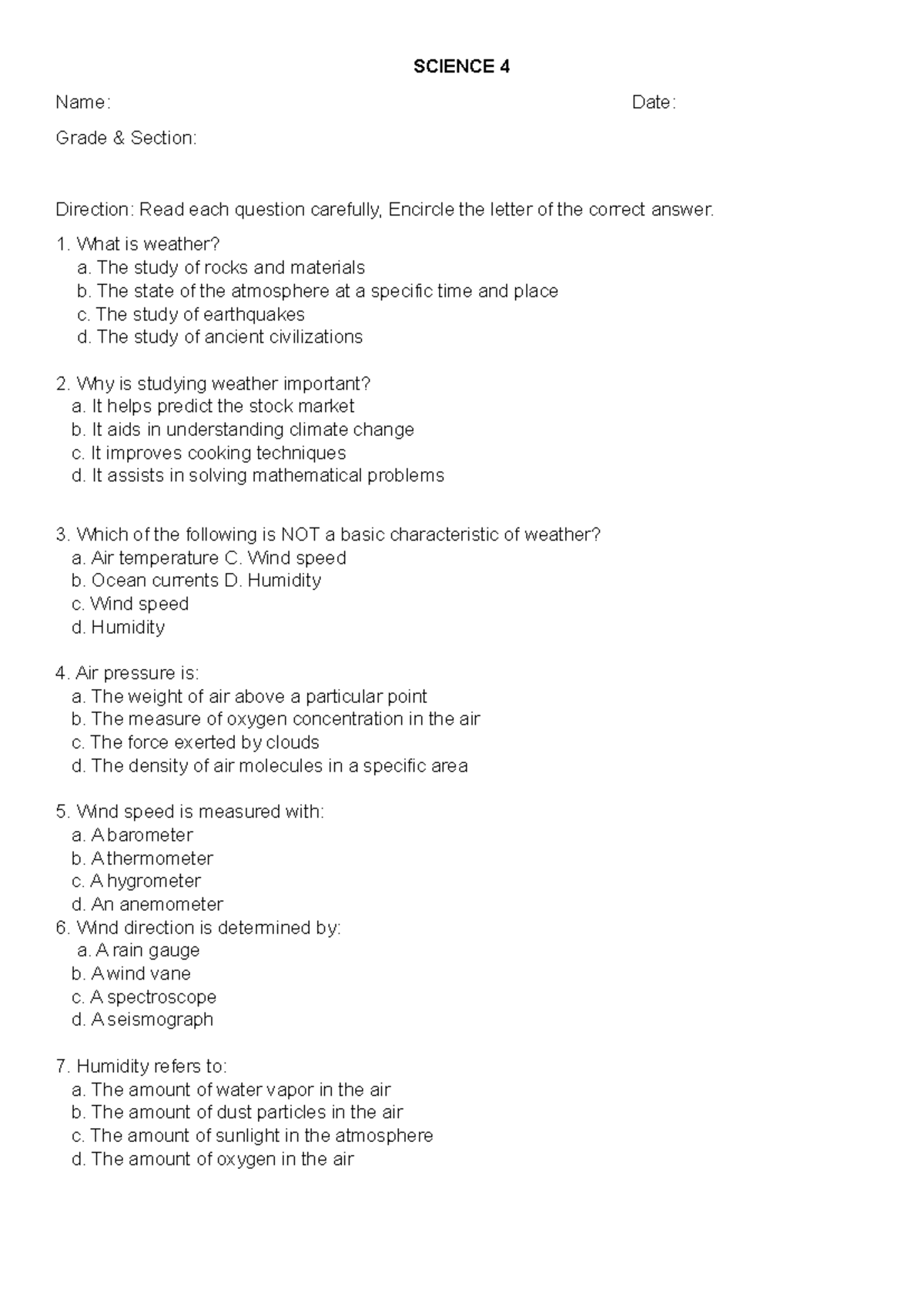 Grade 4 Science Formative Assessment - Weather Concepts - Studocu