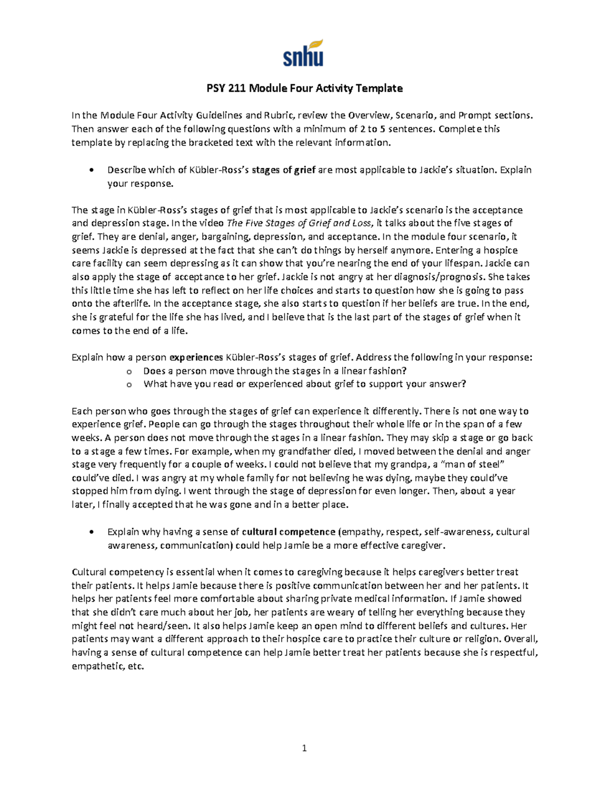 PSY 211 Module 4 Grief Stages Analysis and Caregiver Competence - Studocu
