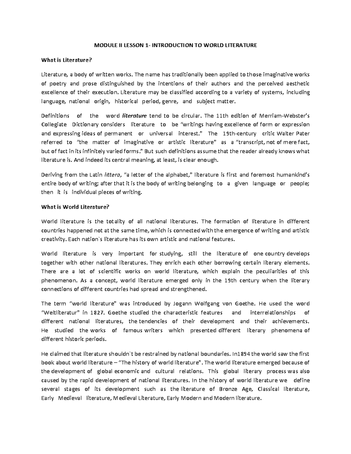World lit module - MODULE II LESSON 1- INTRODUCTION TO WORLD LITERATURE ...