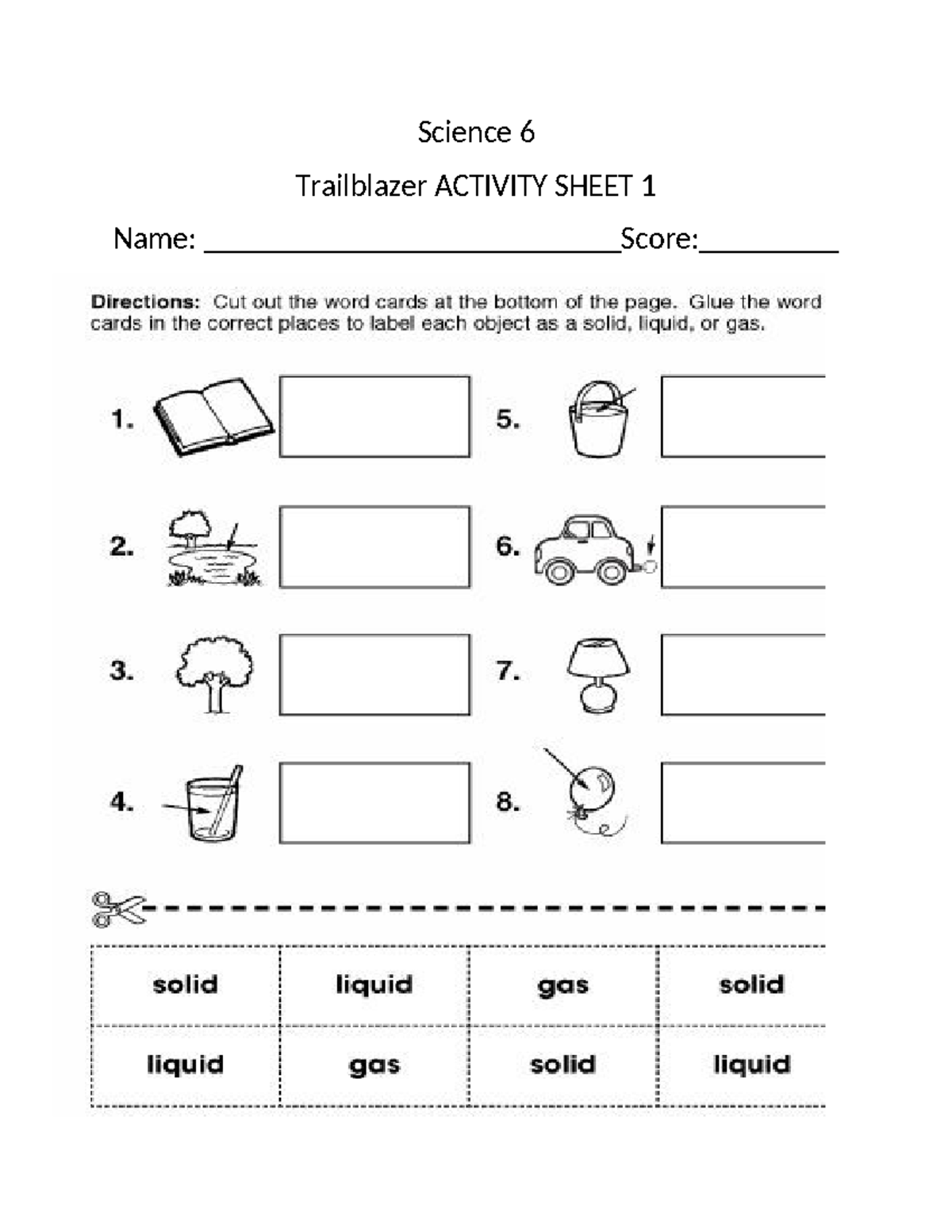 Science 6 Trailblazer Activity Sheet 1: Solids, Liquids, and Gases ...