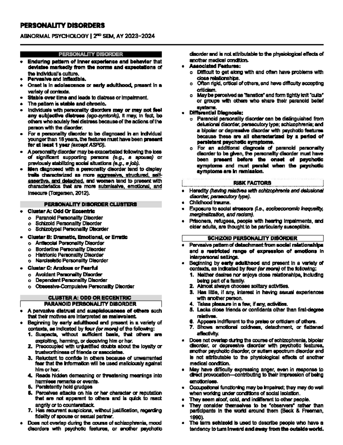 PSY 111 Module 9 - Personality Disorders - PERSONALITY DISORDERS ...