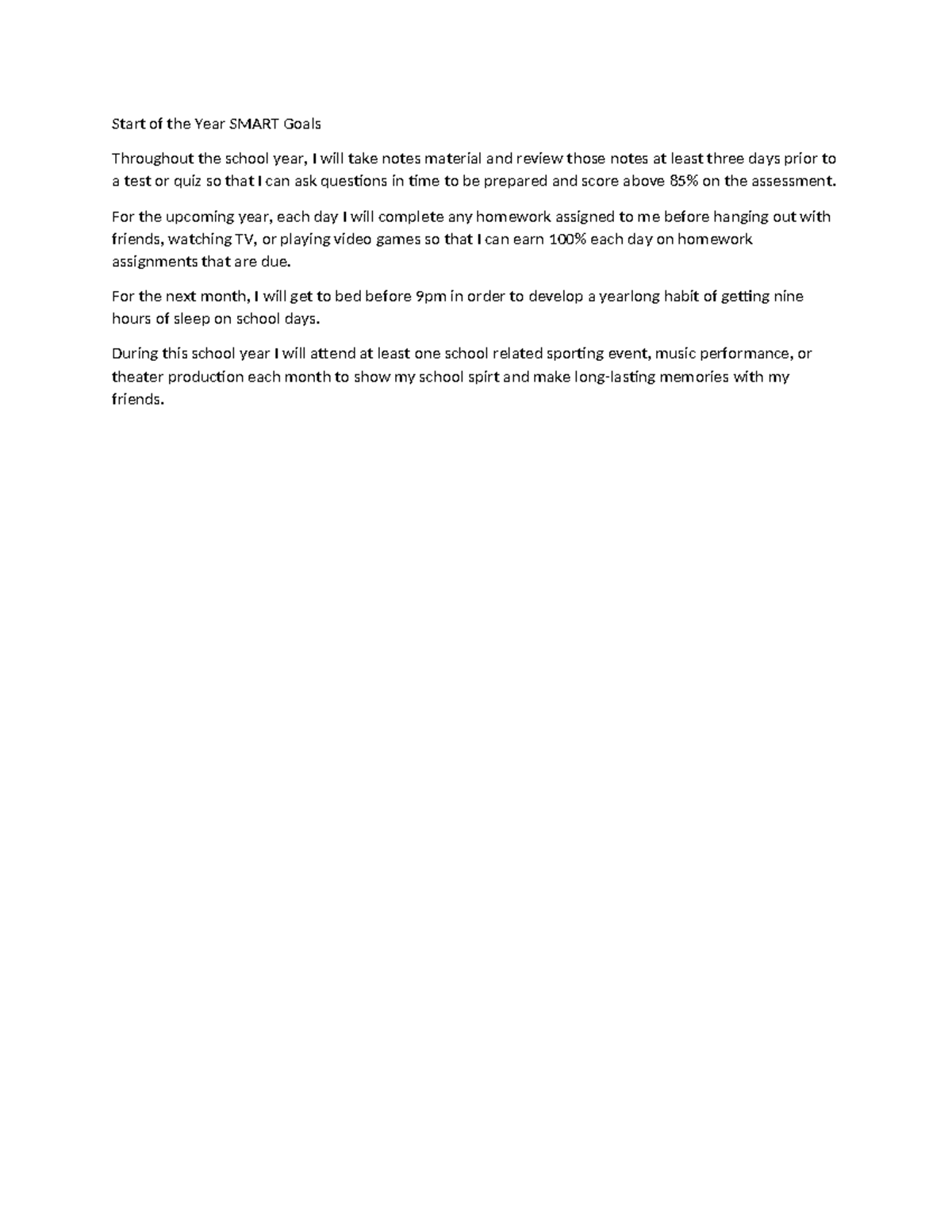 Start of the Year SMART Goals for Academic Success - Studocu