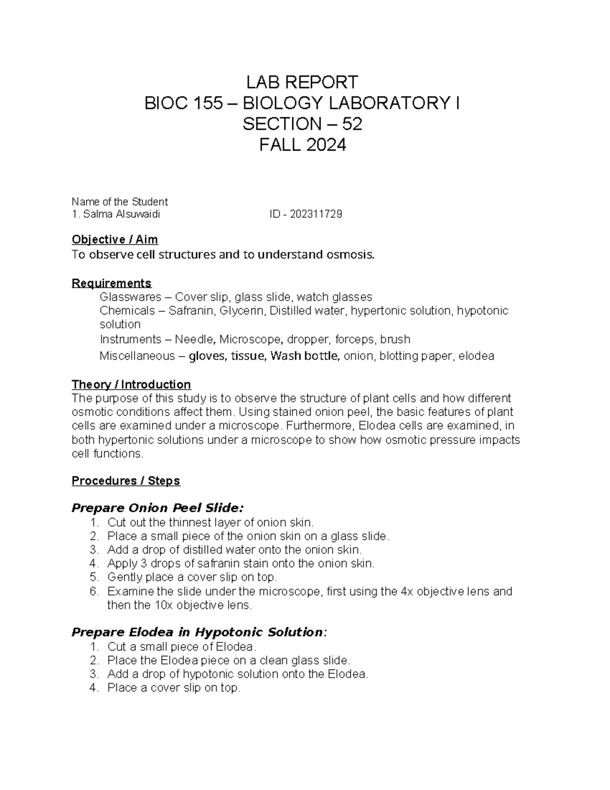 LAB REPORT BIOC 155: Observing Osmosis in Plant Cells - Studocu