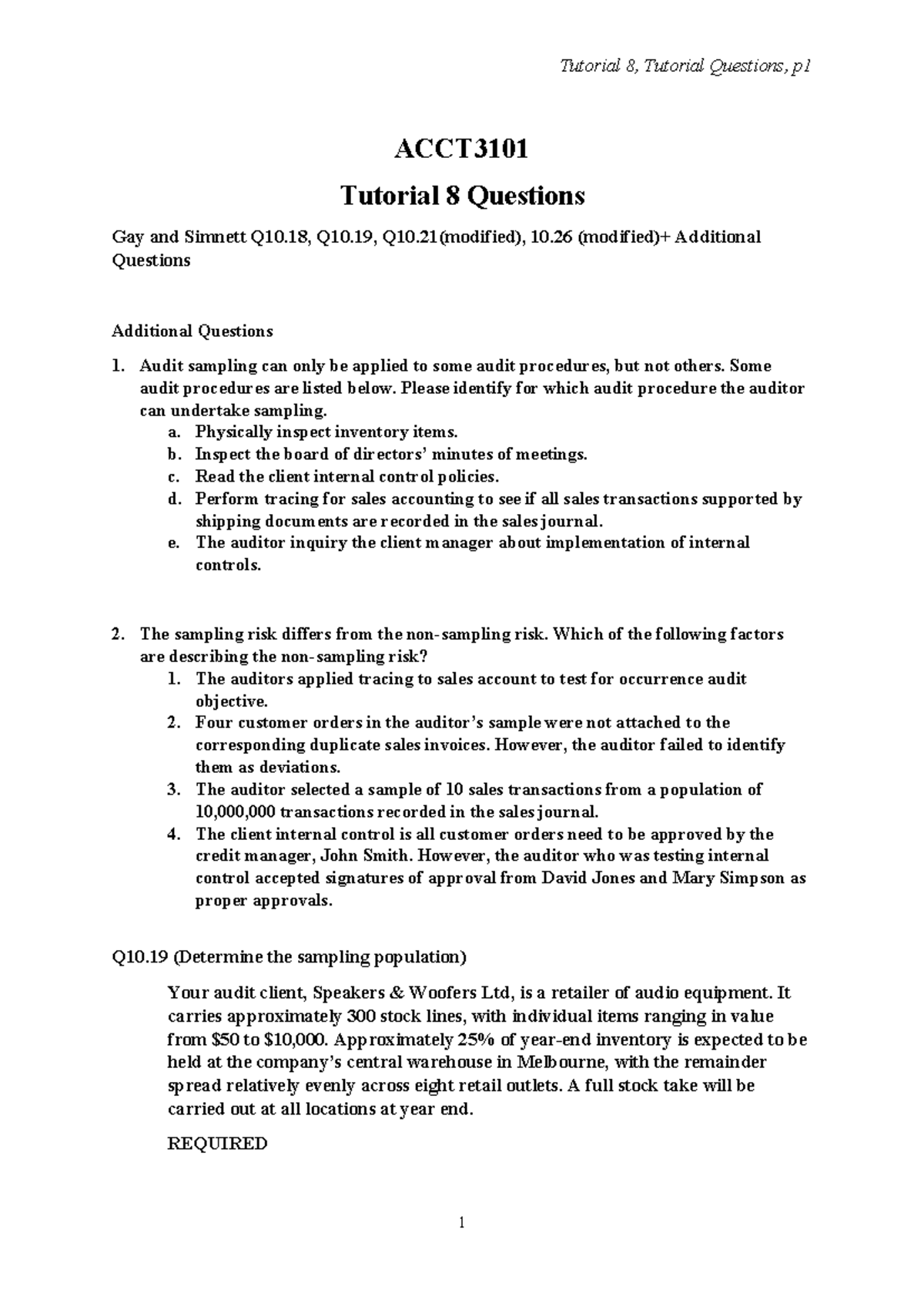 2021 ACCT3101 Tutorial 8 Questions on Audit Sampling & Procedures - Studocu