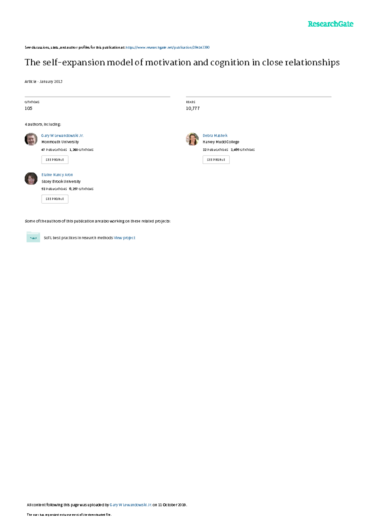 Self-Expansion Model of Motivation & Cognition in Close Relationships ...
