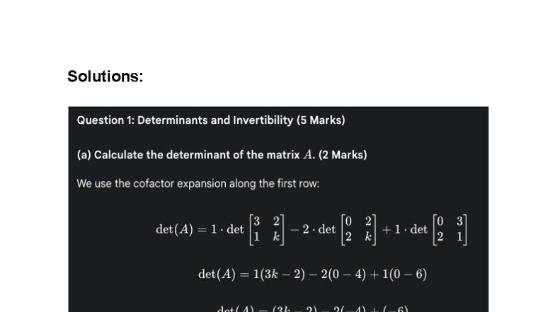 Solutions: Determinants, Invertibility, and Vector Calculations ...