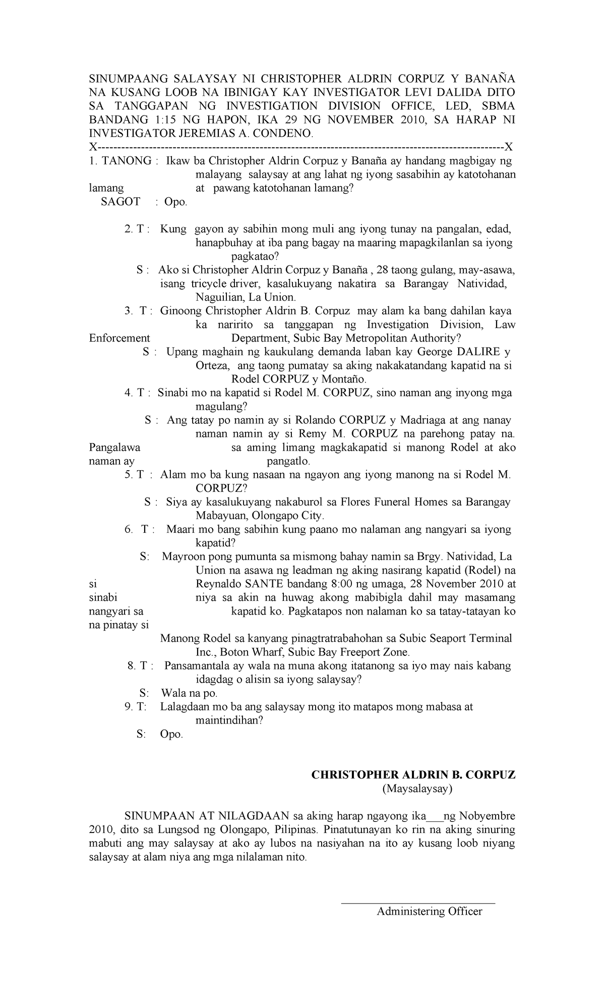QA (TAG) VI: Salaysay ni Christopher Aldrin Corpuz sa Kaso ng Pagpatay ...