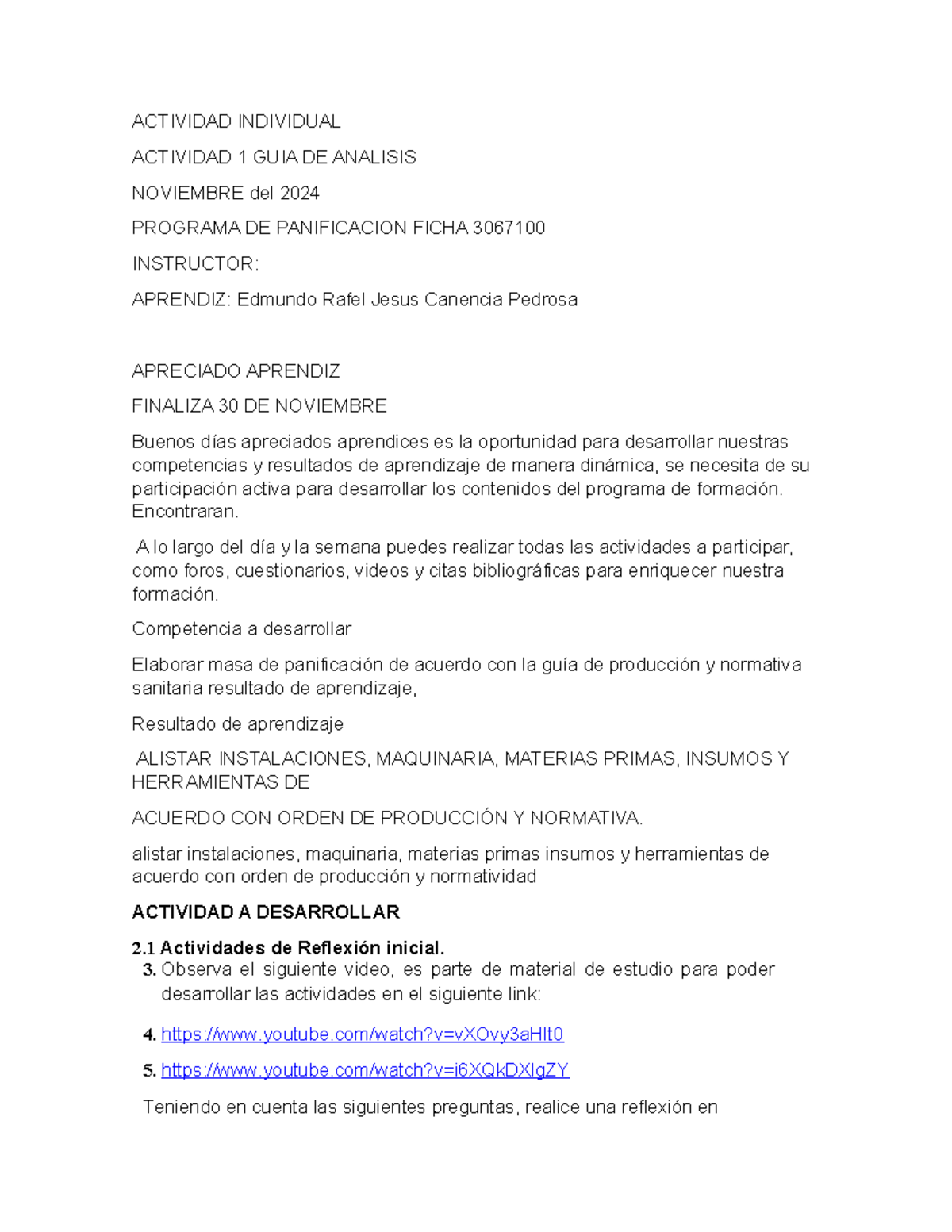 Actividad 1: Análisis de Panificación - Ficha 3067100 - Studocu