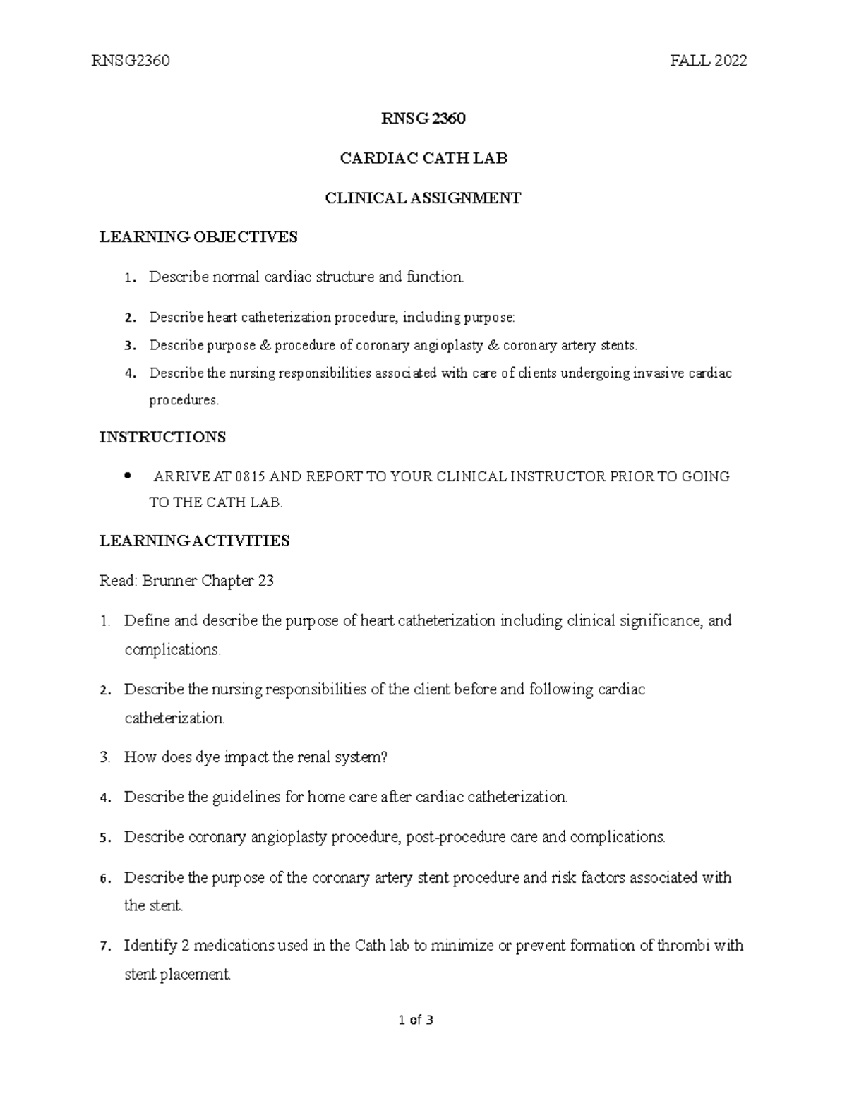 RNSG2360 Fall 2022 Clinical: Cardiac Cath Lab Assignment Guide - Studocu
