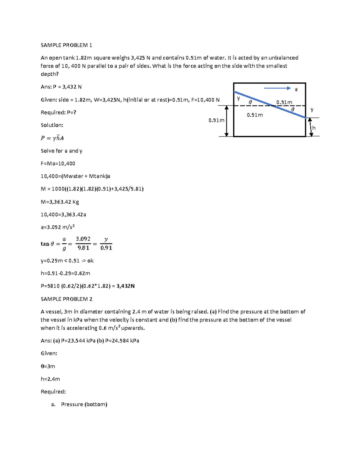 Relative Equilibrium Sample Problems Solutions (Fluid Mechanics) - Studocu