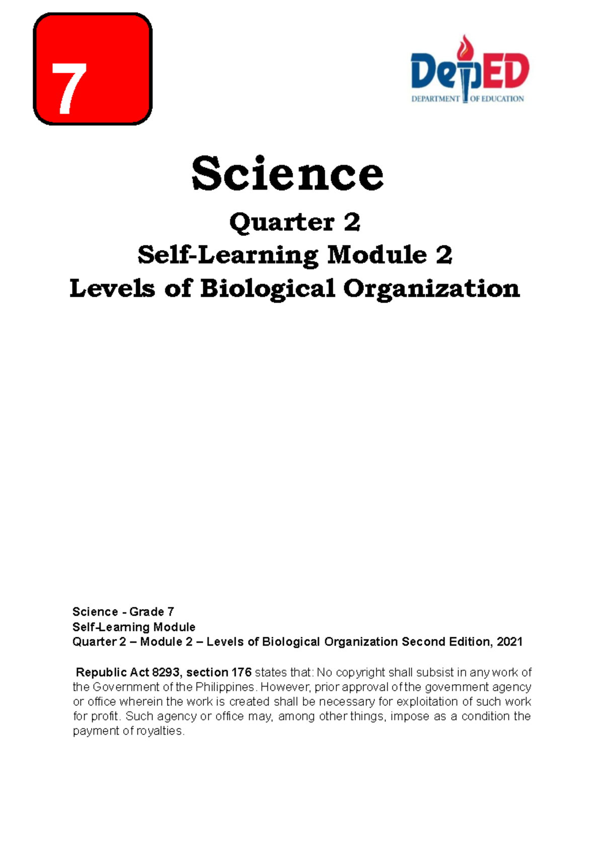 Grade 7 Science Q2 Module 2: Levels of Biological Organization - Studocu