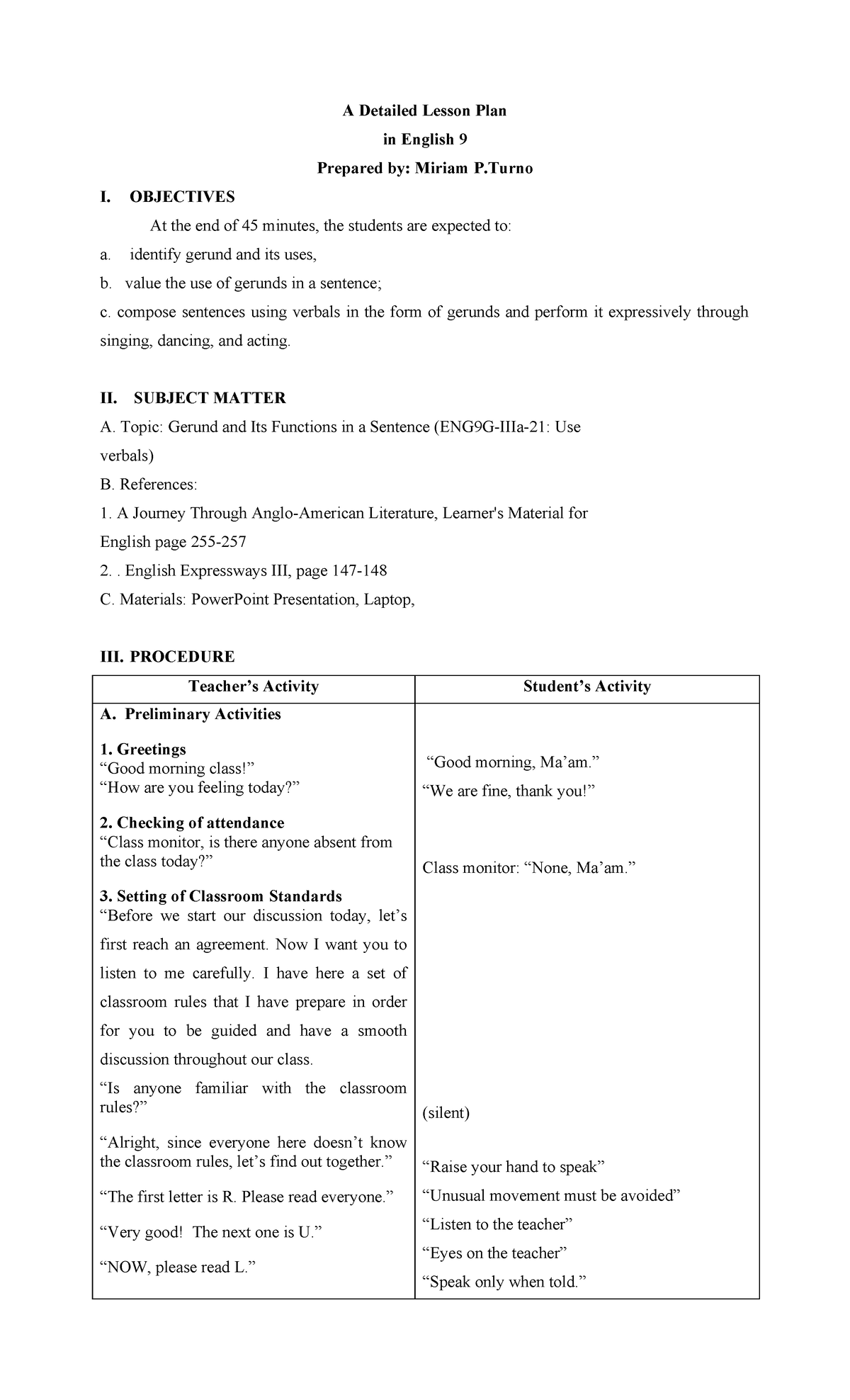 ENG9 - Detailed Lesson Plan on Gerunds and Their Functions - Studocu