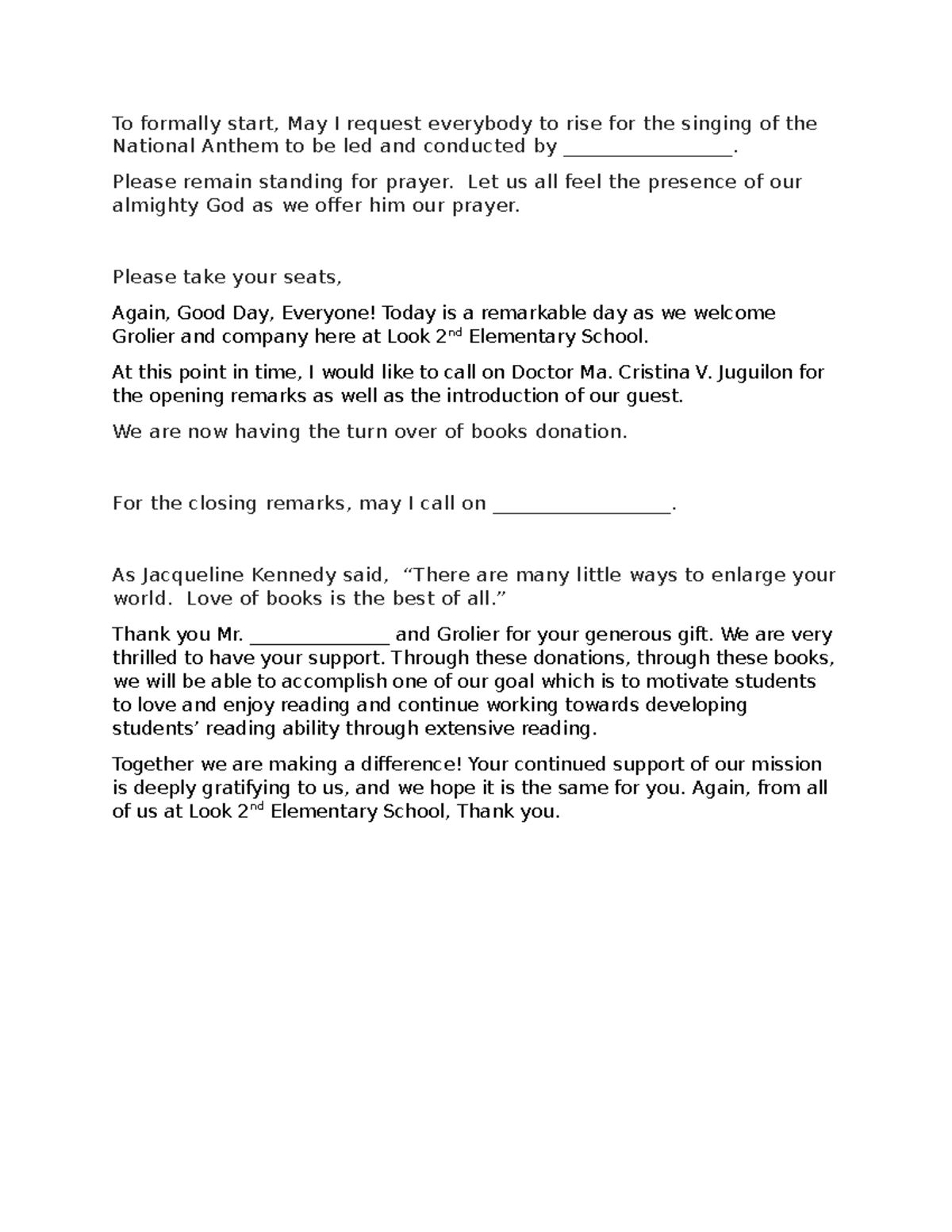 Script for Emcee - Event at Look 2nd Elementary School - Studocu