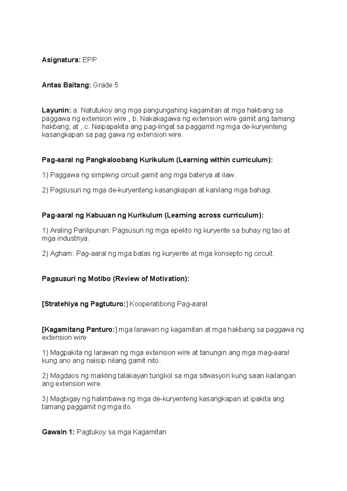 Lesson Plan for EPP Grade 5: Extension Wire Workshop - Studocu
