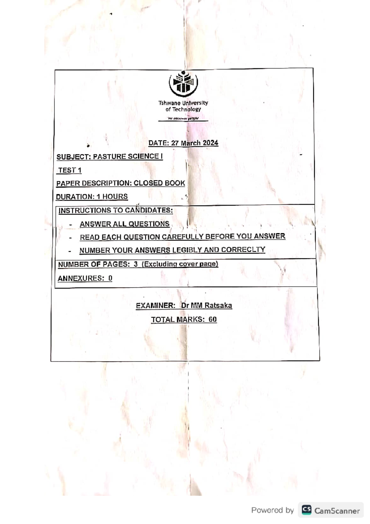 TUT Pasture Test 1 Paper - 27 March 2024 - Studocu