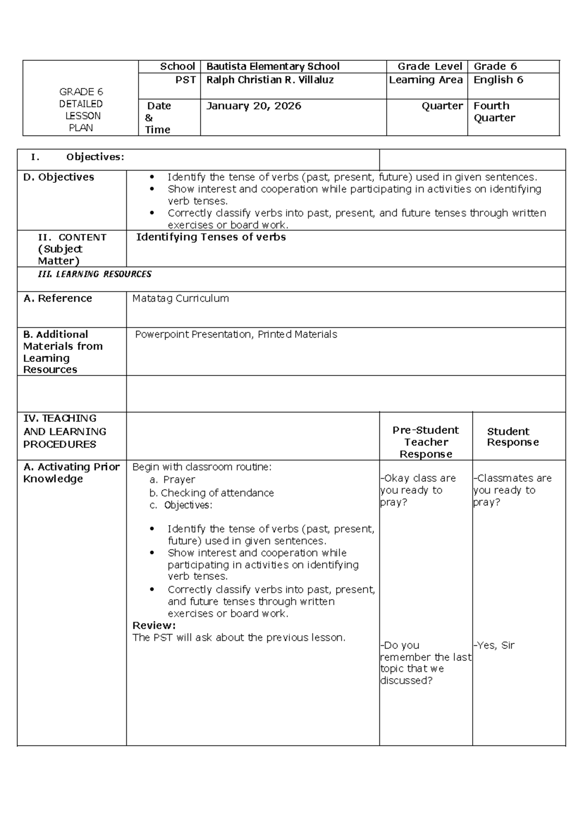 GRADE 6 ENGLISH LESSON PLAN: IDENTIFYING VERB TENSES - Studocu