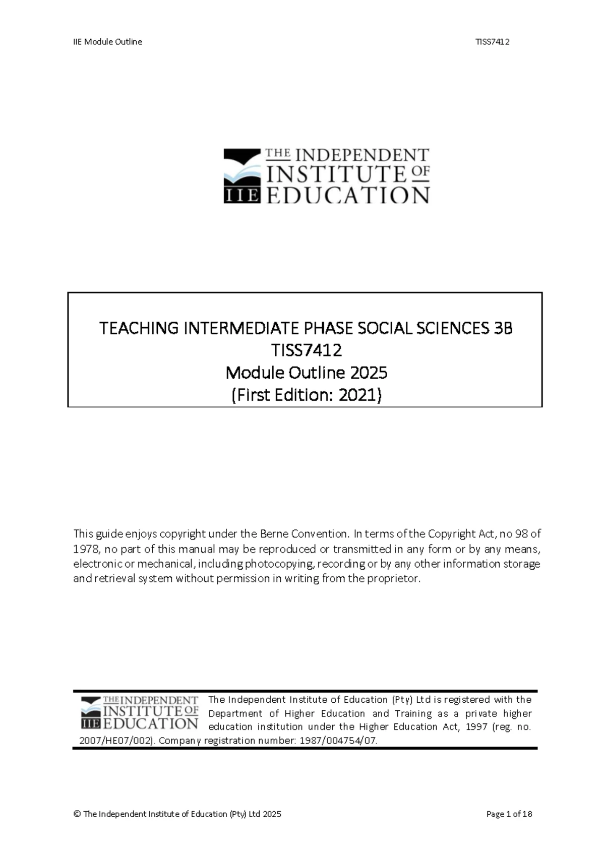 TISS7412 Module Outline: Teaching Intermediate Phase Social Sciences 3B - Studocu