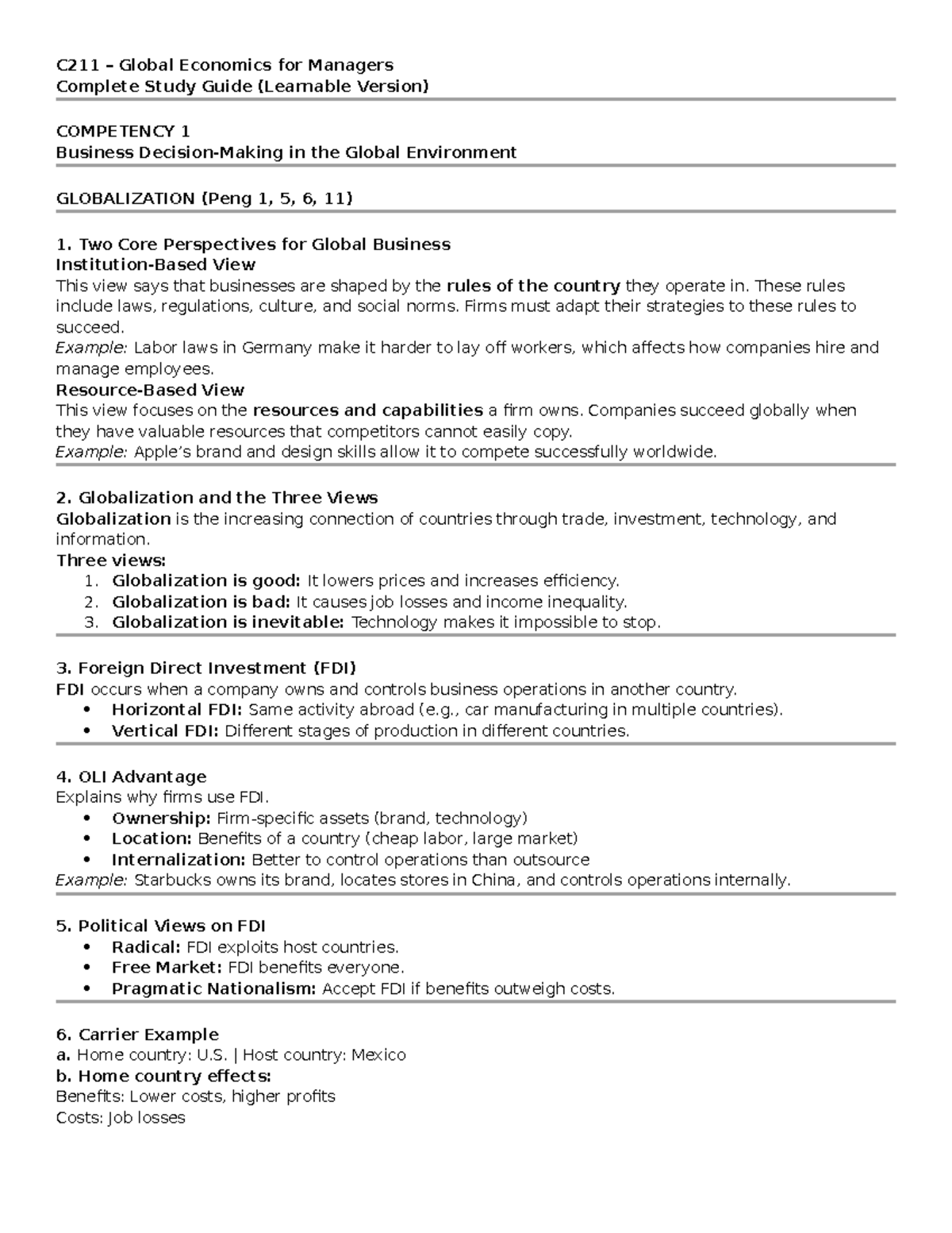 C211 Global Economics for Managers Complete Study Guide Notes - Studocu