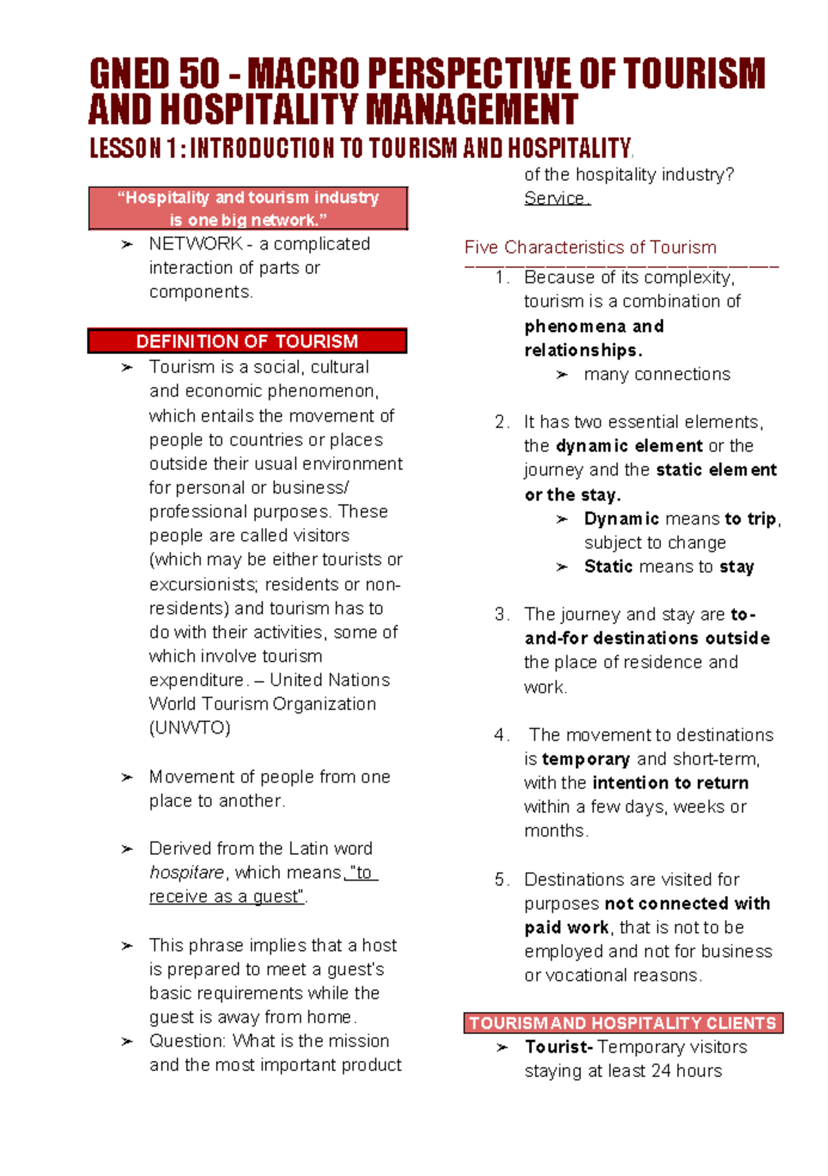 GNED 50 Lesson 1: Intro to Tourism and Hospitality Management - Studocu