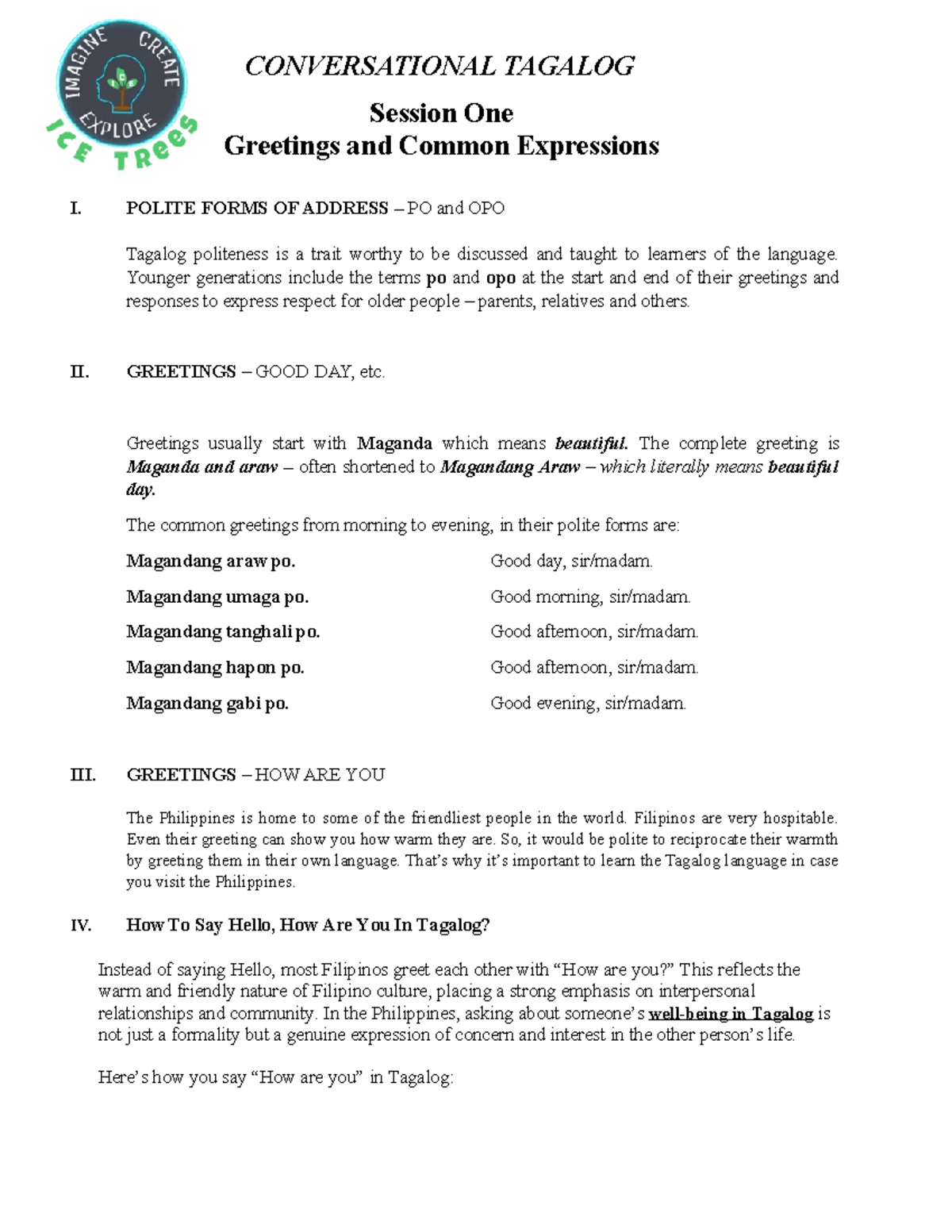 Session 1 - Polite Greetings & Expressions in Tagalog - Studocu