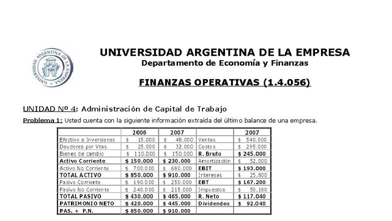 Finanzas Operativas (1.4.056) - Práctica Unidad 4: Capital de Trabajo ...