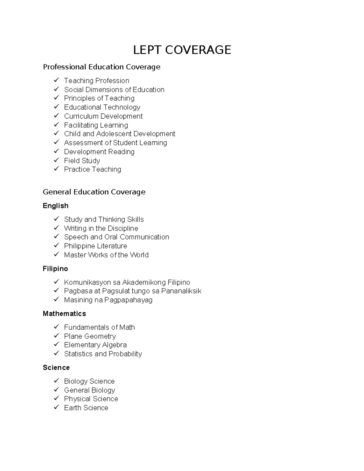 LEPT Coverage: Comprehensive Guide to Professional Education - Studocu