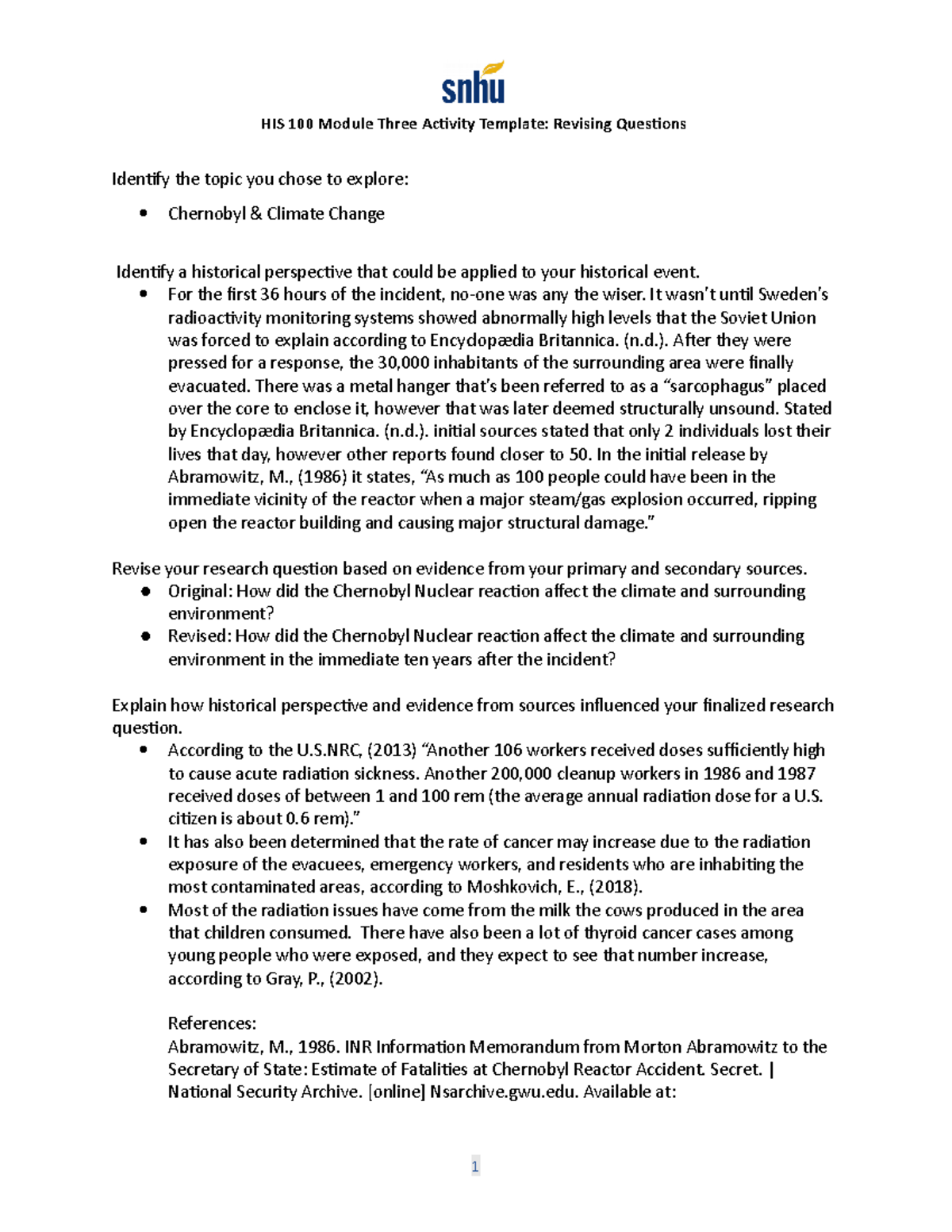 HIS 100 Module 3 Activity: Revising Research Questions on Chernobyl ...