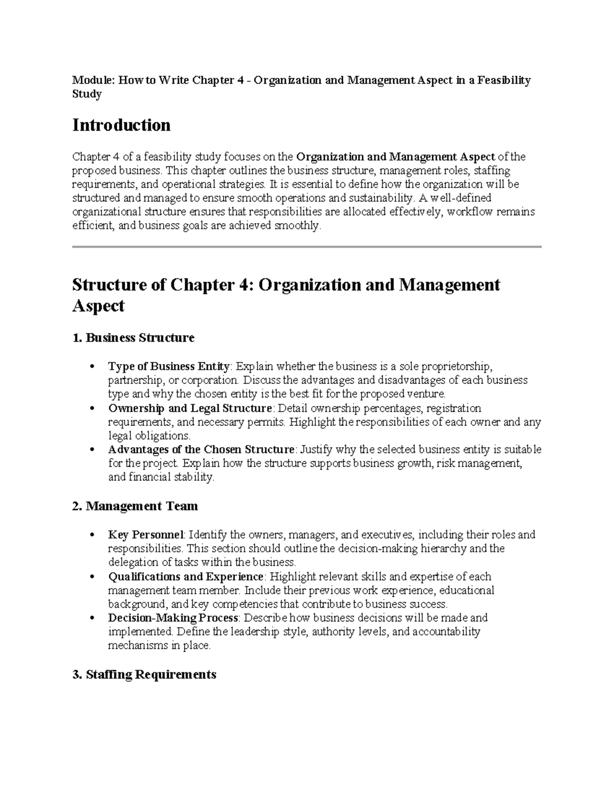 Module: Writing Chapter 4 - Org & Management in Feasibility Study - Studocu