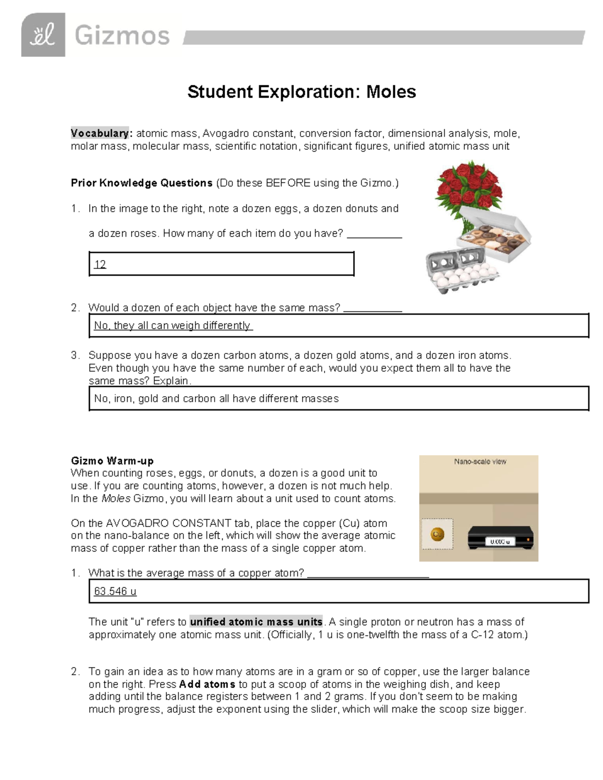 Copy of Moles SE - Chemistry papers for grade - Student Exploration ...